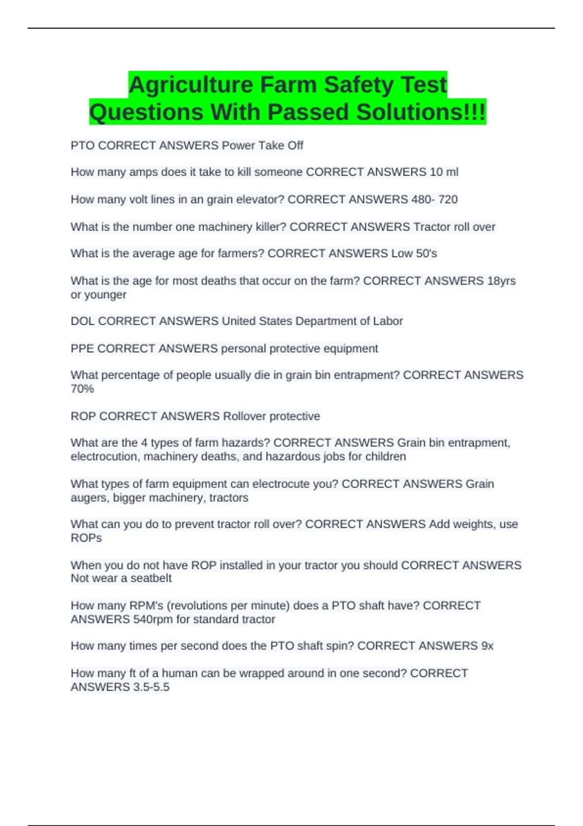 Agriculture Farm Safety Test Questions With Passed Solutions ...