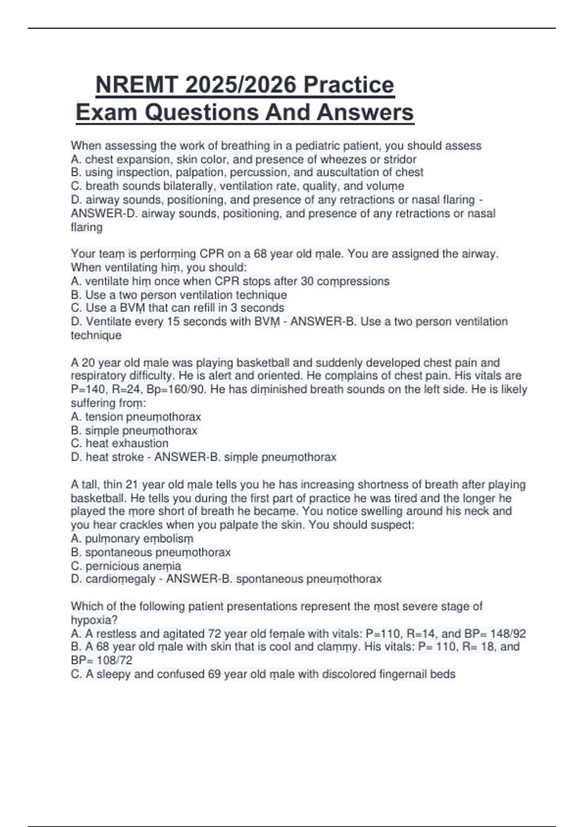 NREMT 2025/2026 Practice Exam Questions And Answers - NREMT - Stuvia US