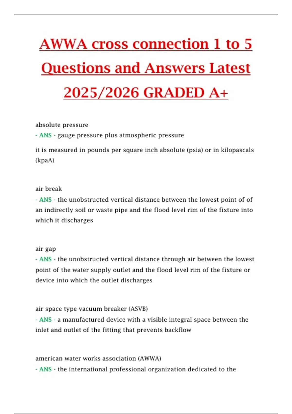 AWWA Cross-Connection Control Exam (Sections 1–5) | Questions & Correct ...