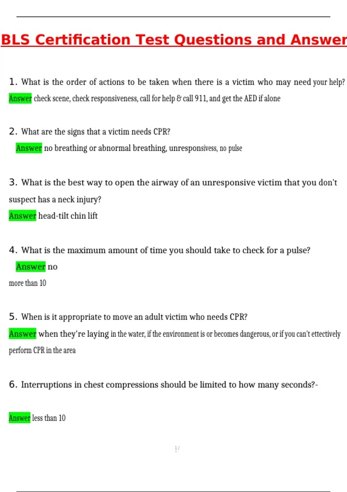 BLS Certification Test (Latest 2025 / 2026) Qs and Ans Most ...