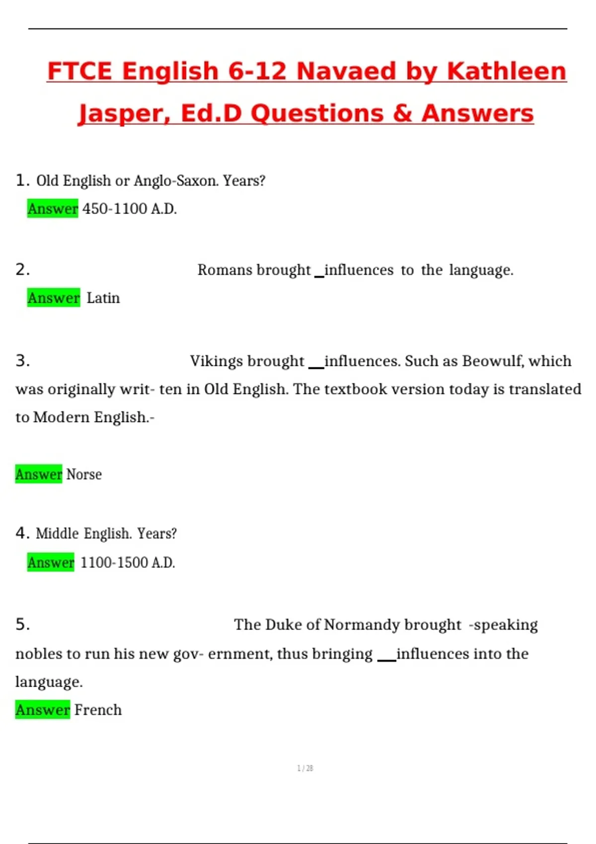 FTCE English 6-12 NavaED by Kathleen Jasper, Ed.D (Latest 2025 / 2026 ...