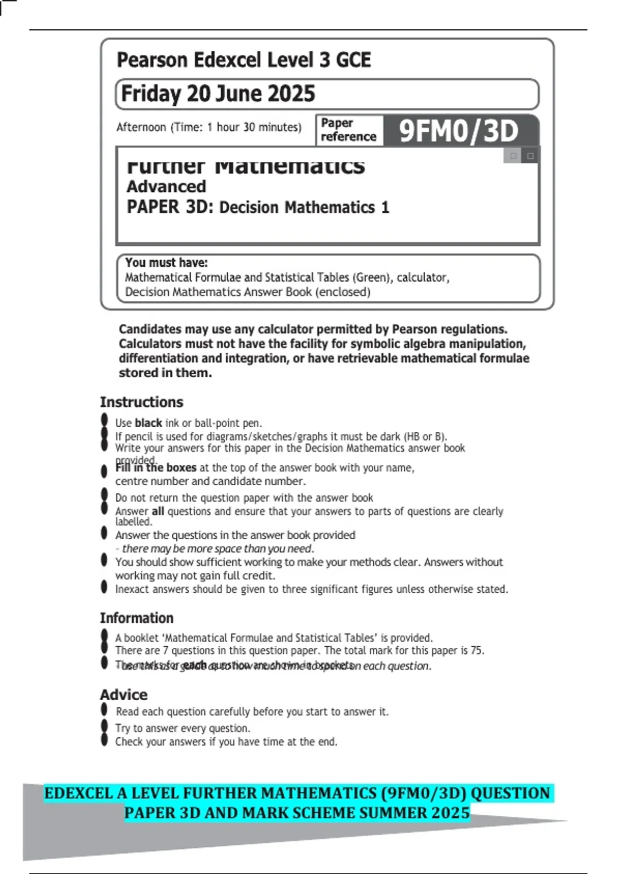 EDEXCEL A LEVEL FURTHER MATHEMATICS (9FM0/3D) QUESTION PAPER 3D AND ...