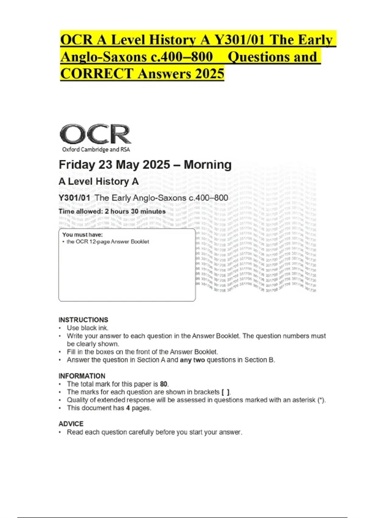 OCR A Level History A Y301/01 The Early Anglo-Saxons c.400–800 ...