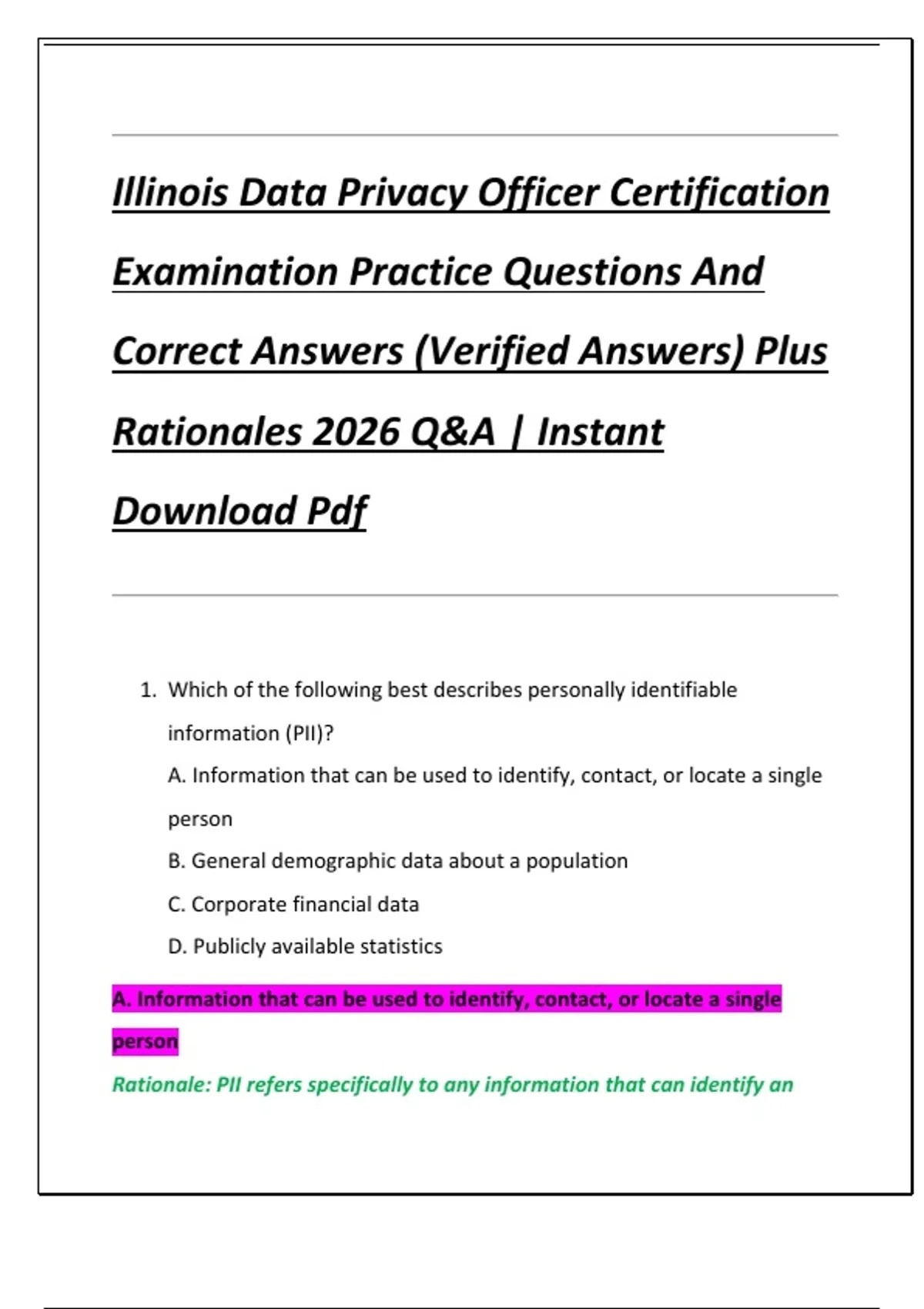 Illinois Data Privacy Officer Certification Examination Practice ...