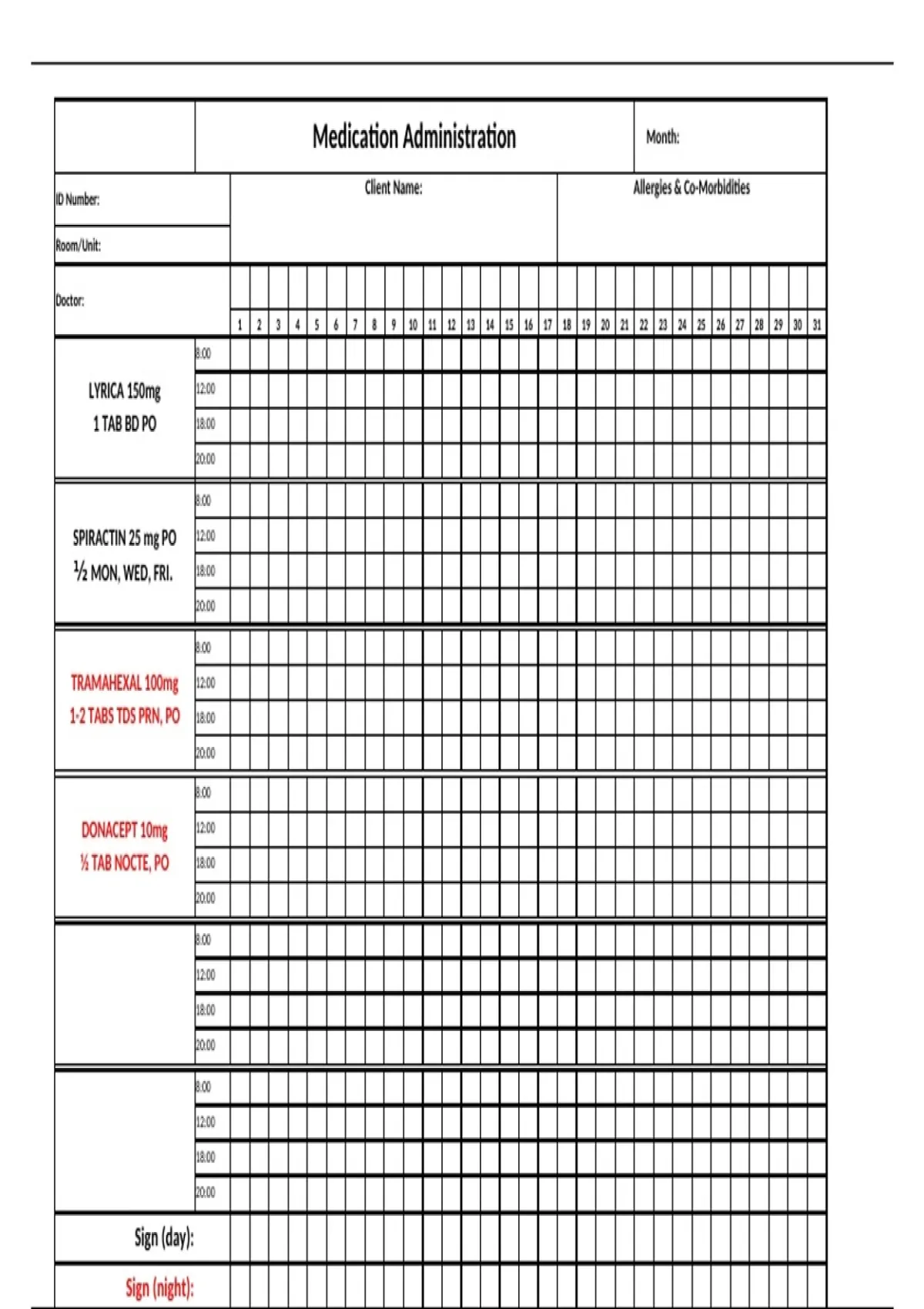 Medication Administration Record (MAR) – Daily Dosing Schedule ...