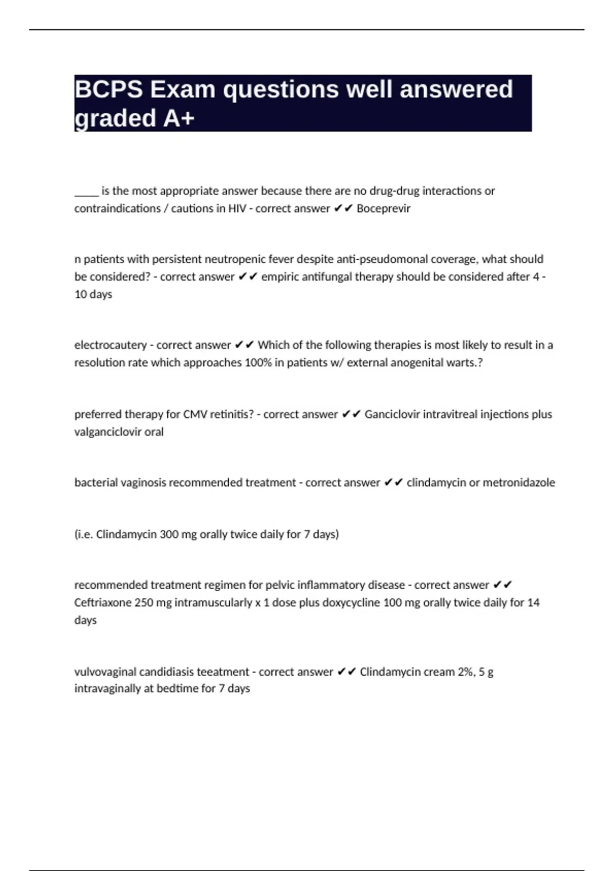 BCPS Exam questions well answered graded A+ - BCPS - Stuvia US