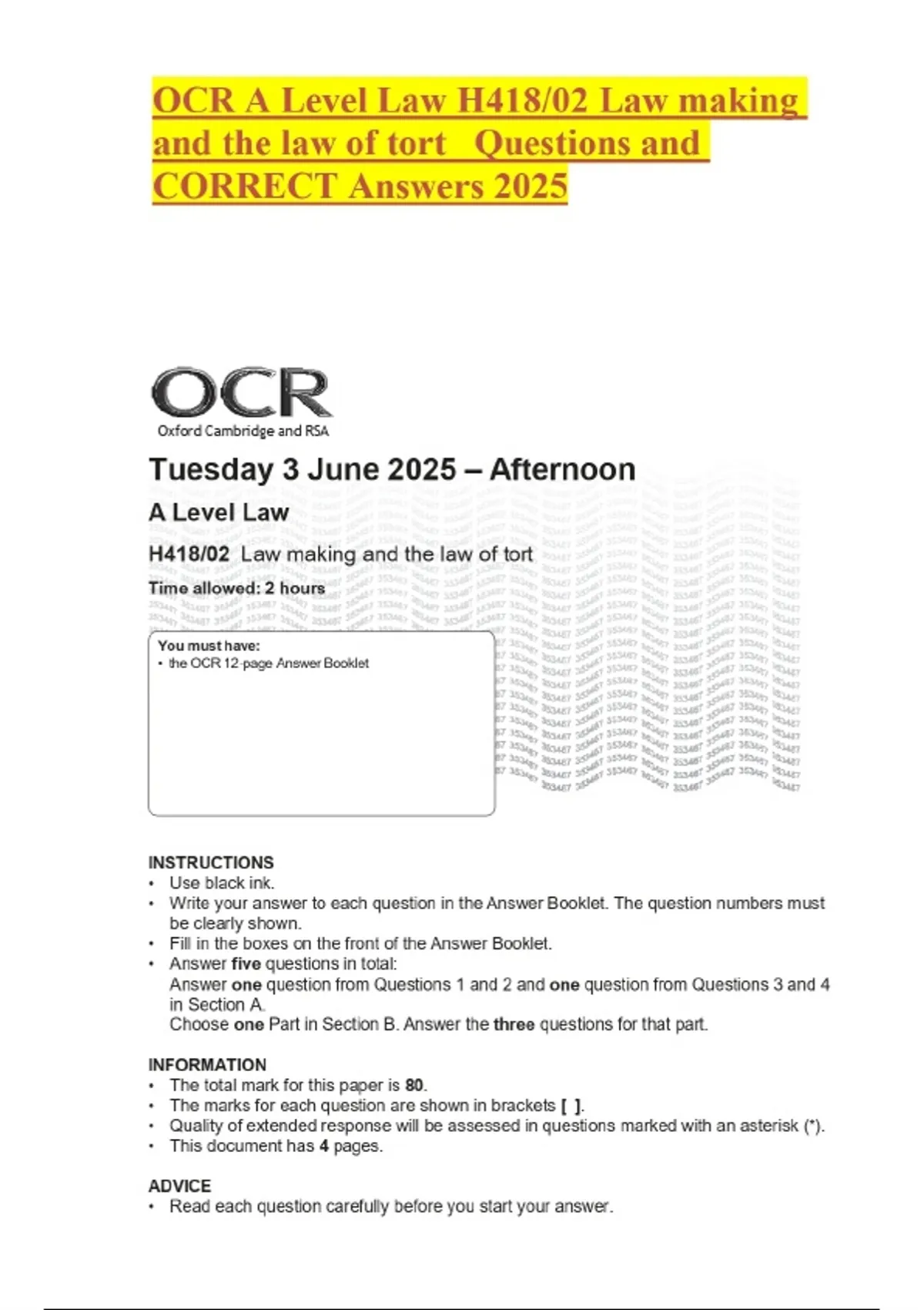 OCR A Level Law H418/02 Law making and the law of tort Questions and ...