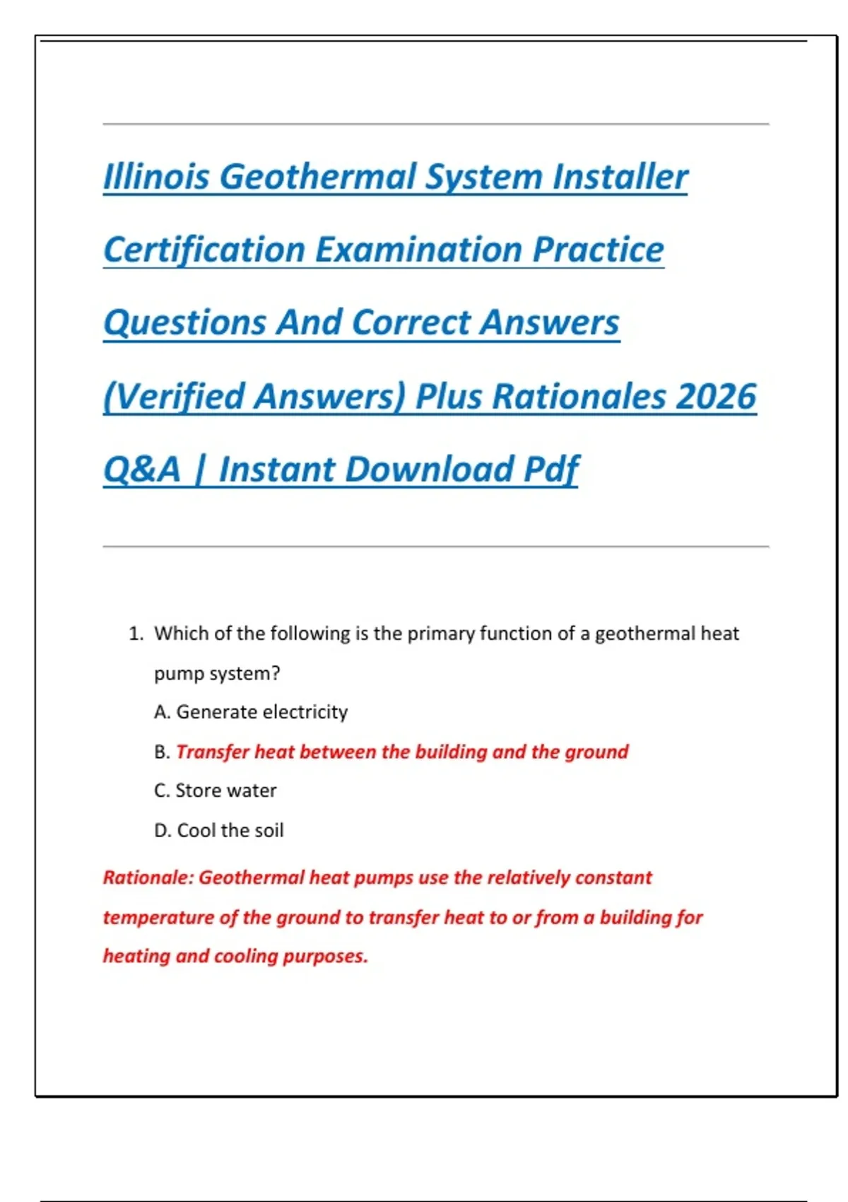 Illinois Geothermal System Installer Certification Examination Practice ...