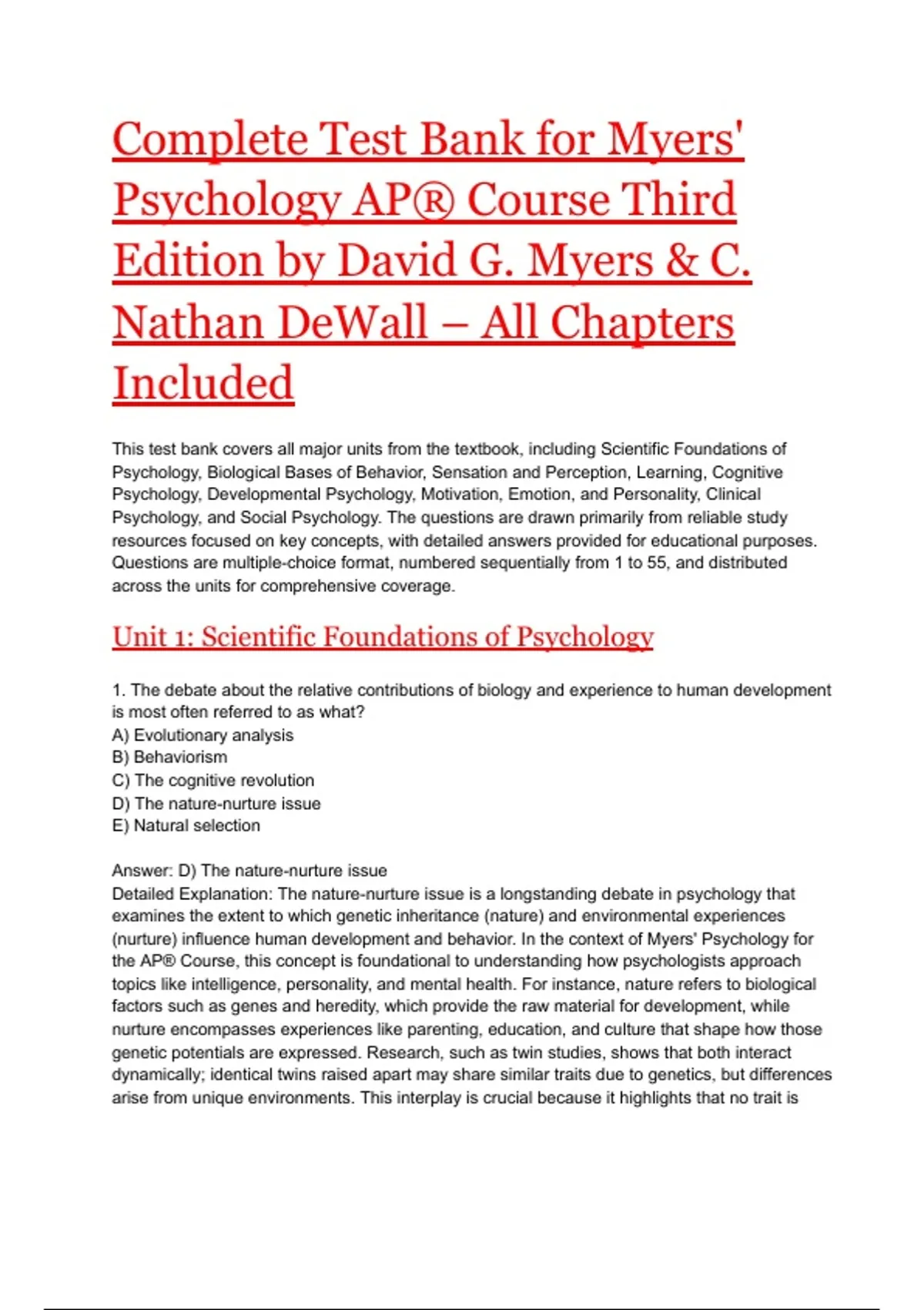 Myers’ Psychology for the AP® Course – Complete Exam & Test Bank (All ...