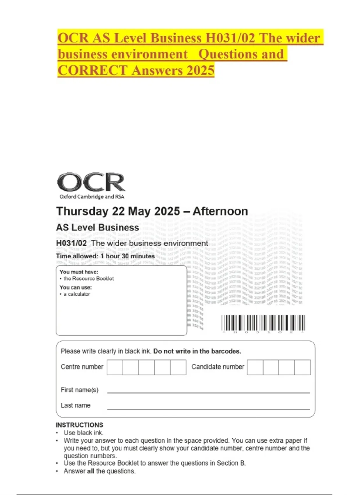 OCR AS Level Business H031/02 The wider business environment Questions ...