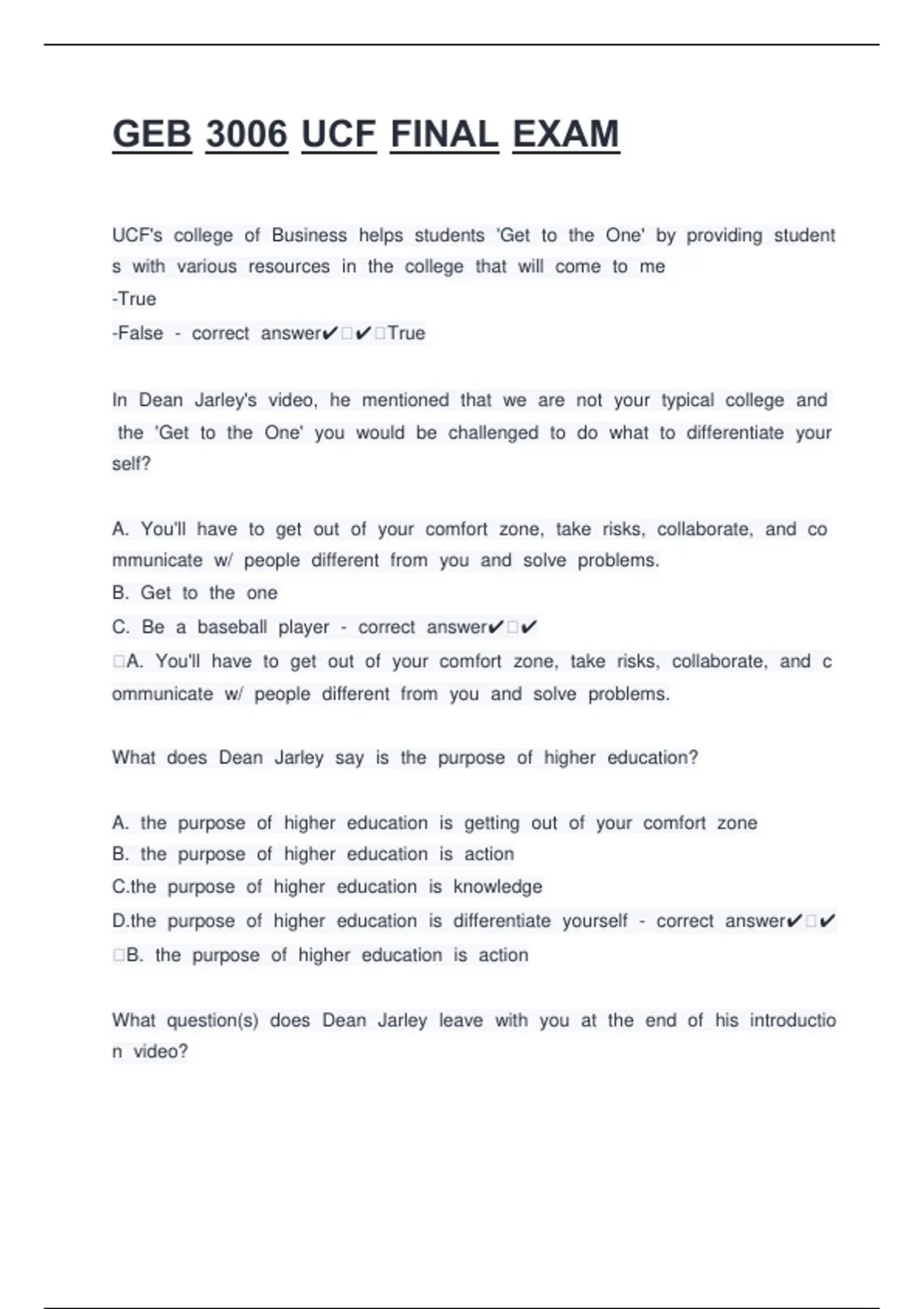 GEB 3006 UCF FINAL EXAM QUESTIONS WITH 100% CORRECT ANSWERS 2025/2026 ...