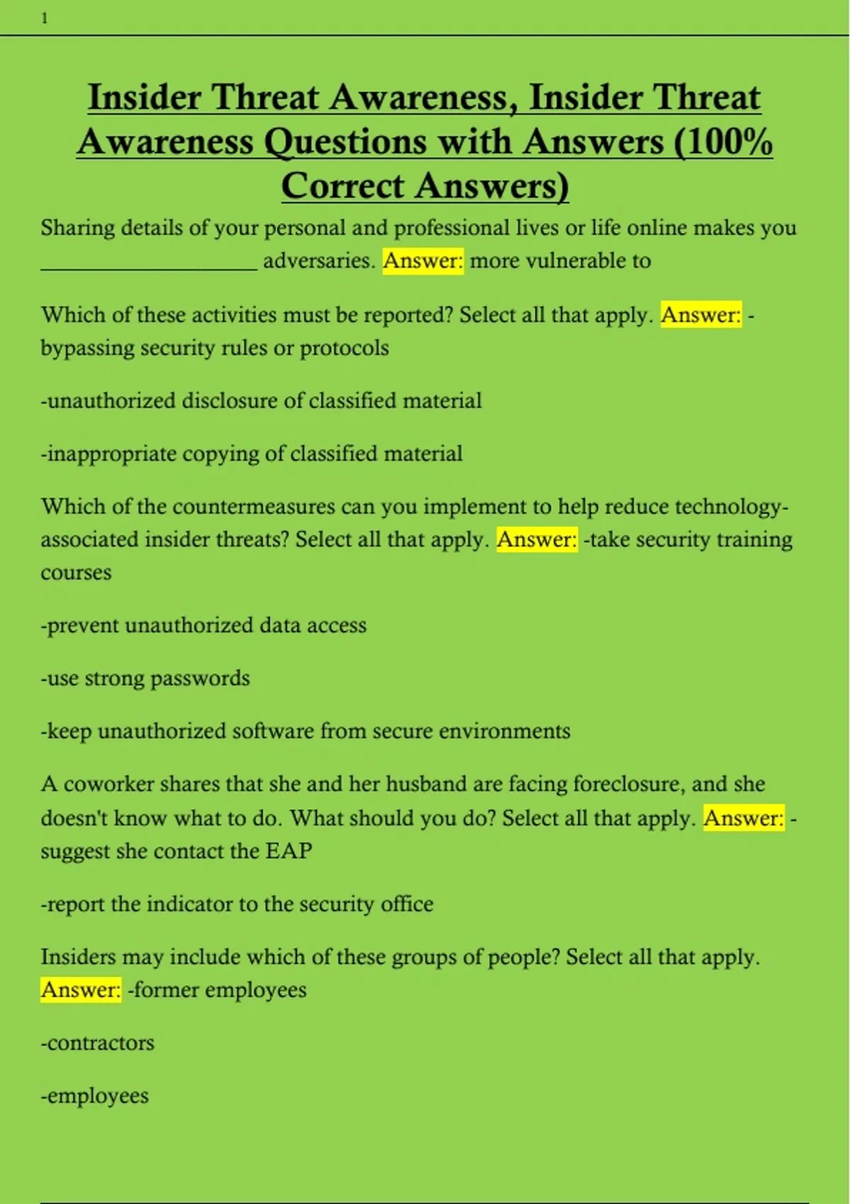 Insider Threat Awareness, Insider Threat Awareness Questions with ...