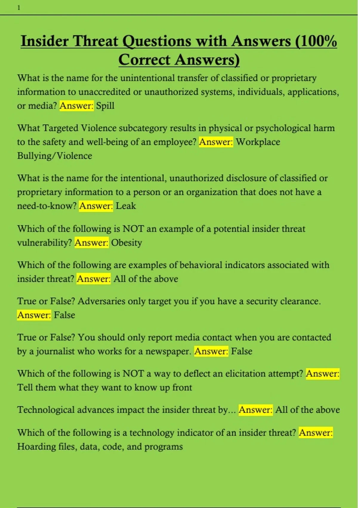 Insider Threat Questions with Answers (100% Correct Answers) - Insider ...