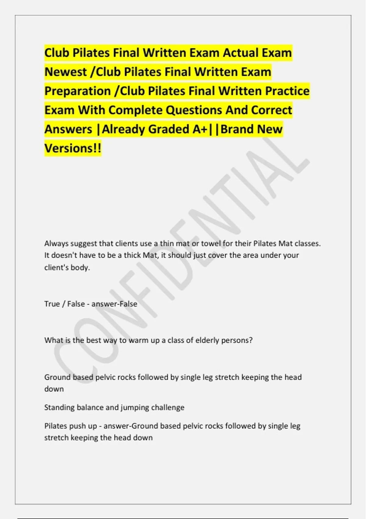 Club Pilates Final Written Exam Actual Exam Newest /Club Pilates Final ...