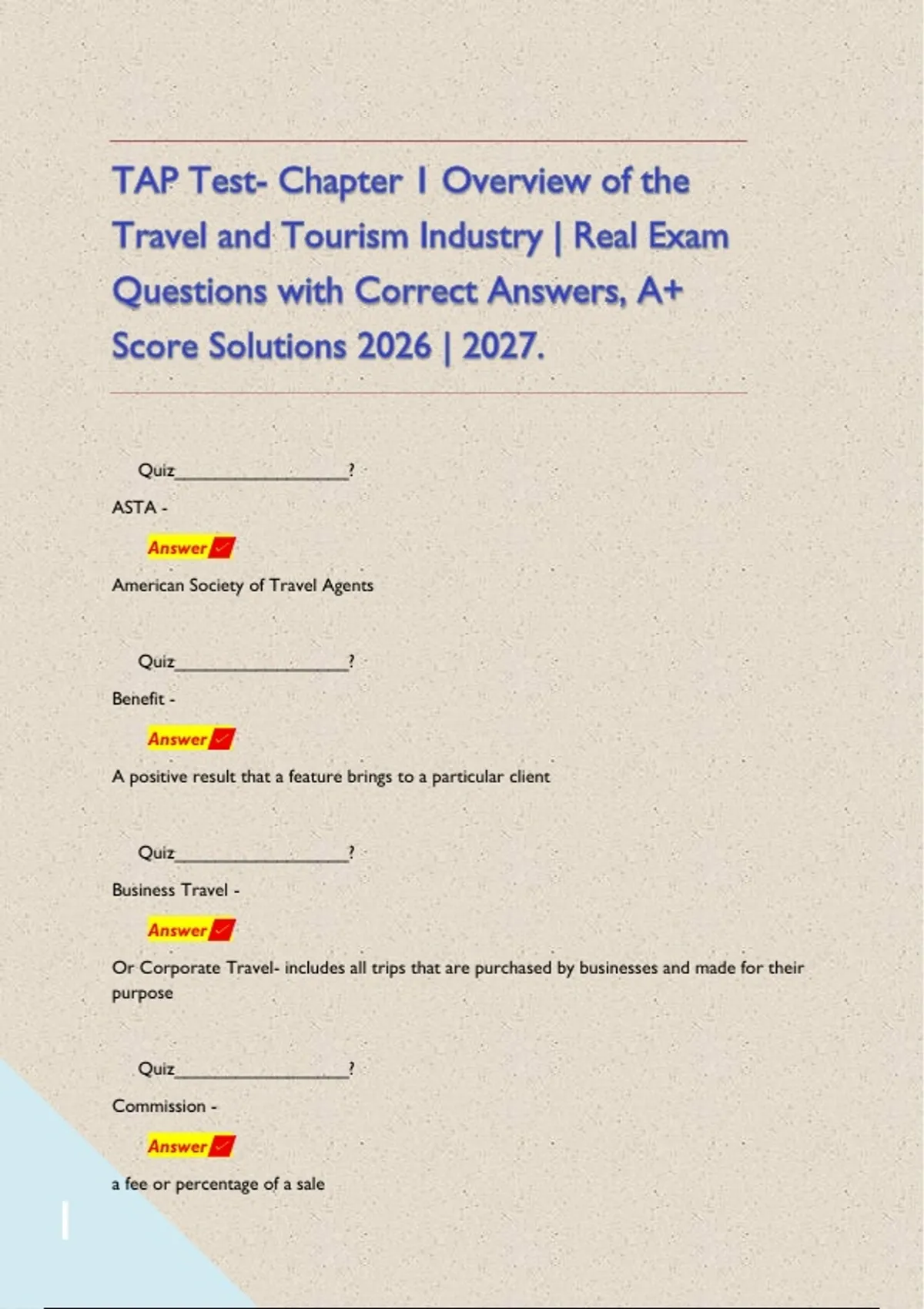 TAP Test- Chapter 1 Overview of the Travel and Tourism Industry | Real ...
