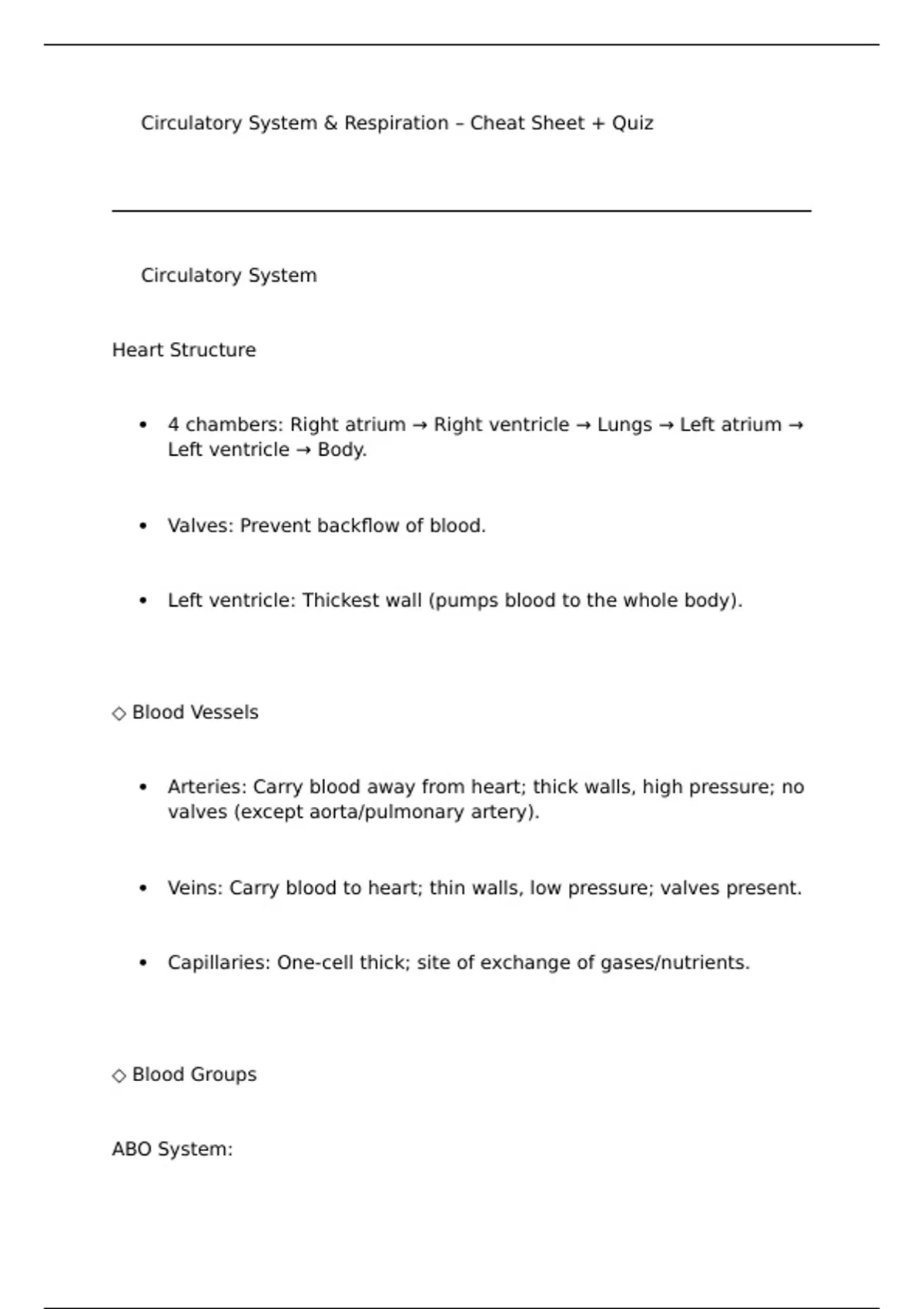 Summary Circulatory System & Respiration Cheat Sheet (Biology Exam ...