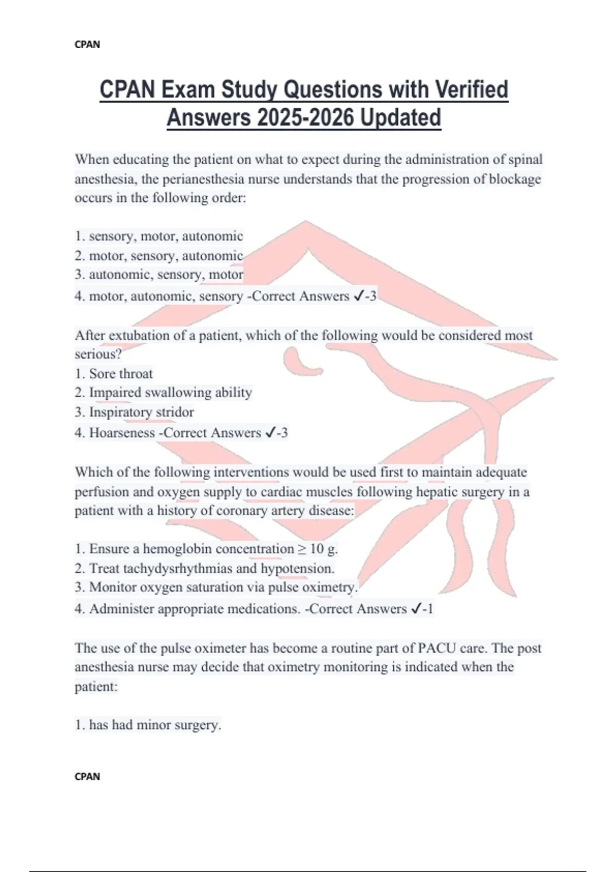 CPAN Exam Study Questions with Verified Answers Updated - CPAN - Stuvia US