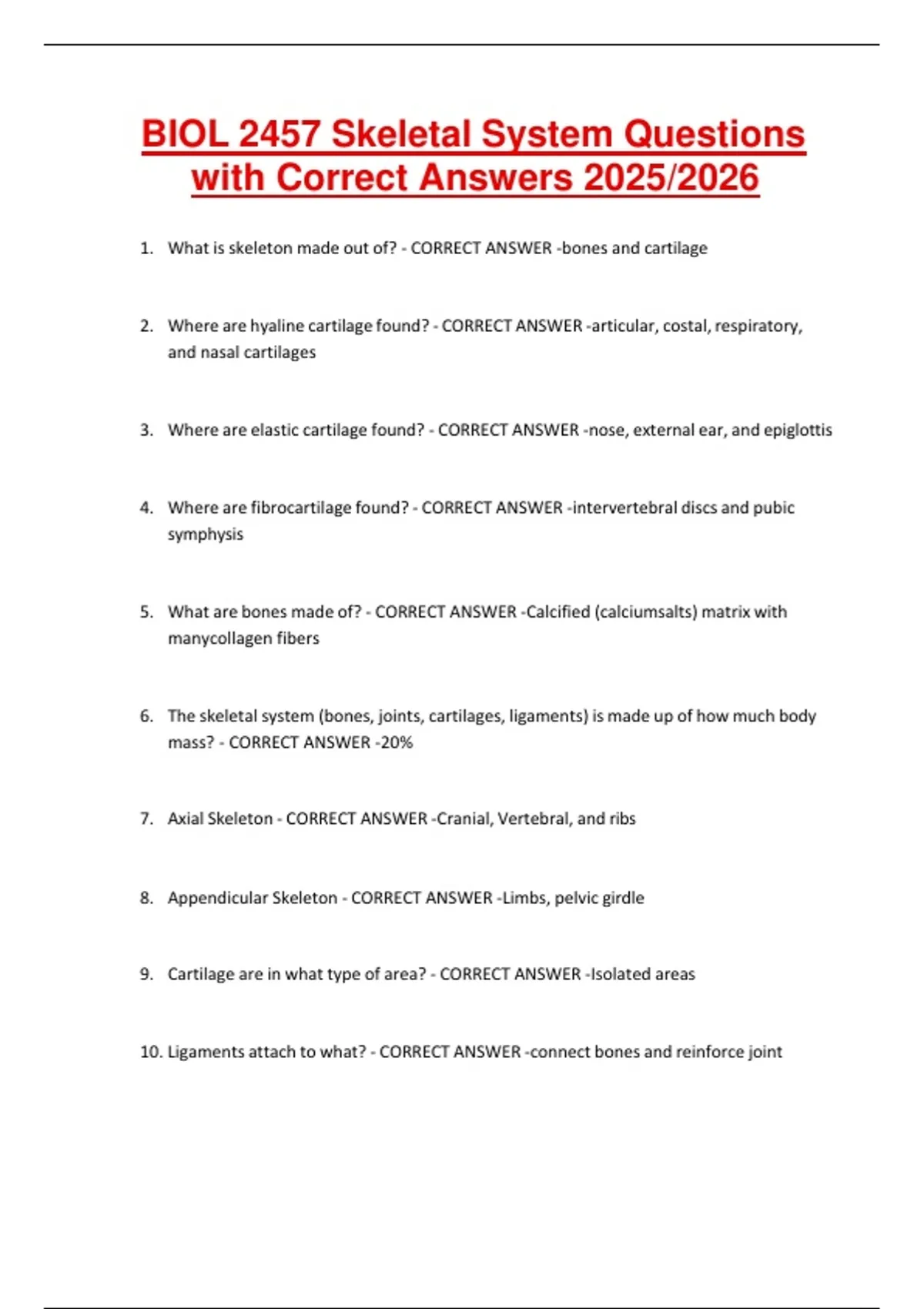 BIOL 2457 Skeletal System Questions with Correct Answers 2025/2026 ...