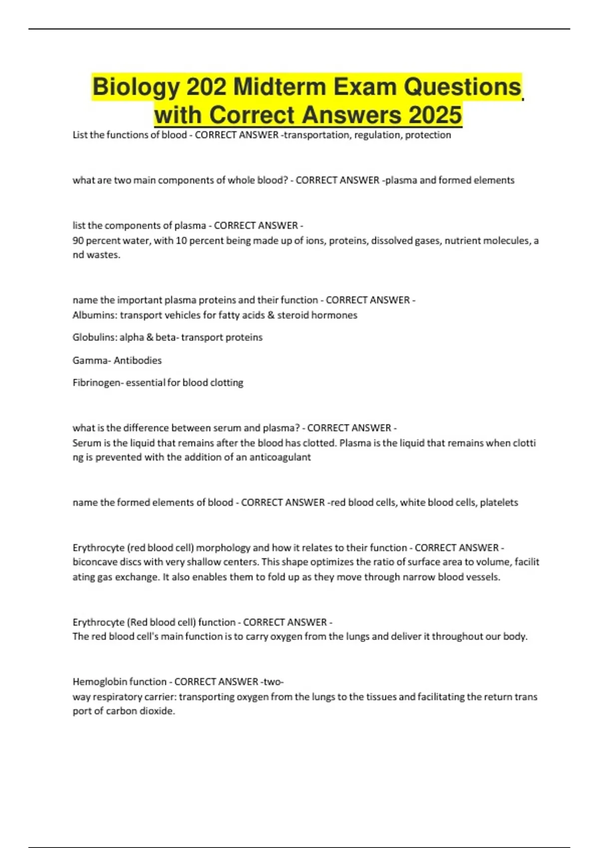 Biology 202 Midterm Exam Questions with Correct Answers 2025 - Biology ...