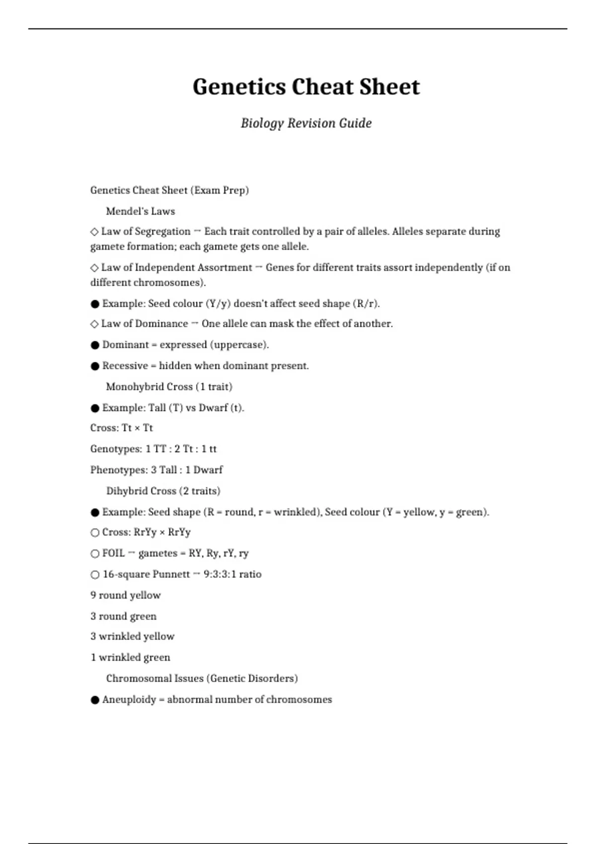 Summary Genetics (Exam Prep — Mendelian Laws, Punnett Squares, DNA ...