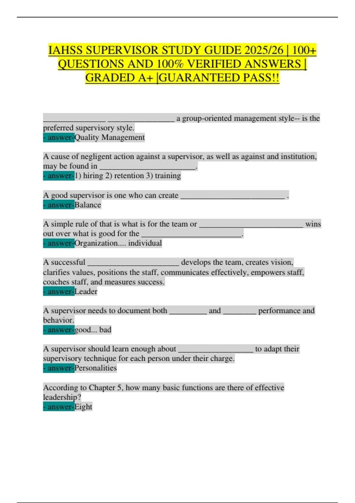IAHSS Supervisor Certification Study Guide & Test Bank 2025/26: 100 ...