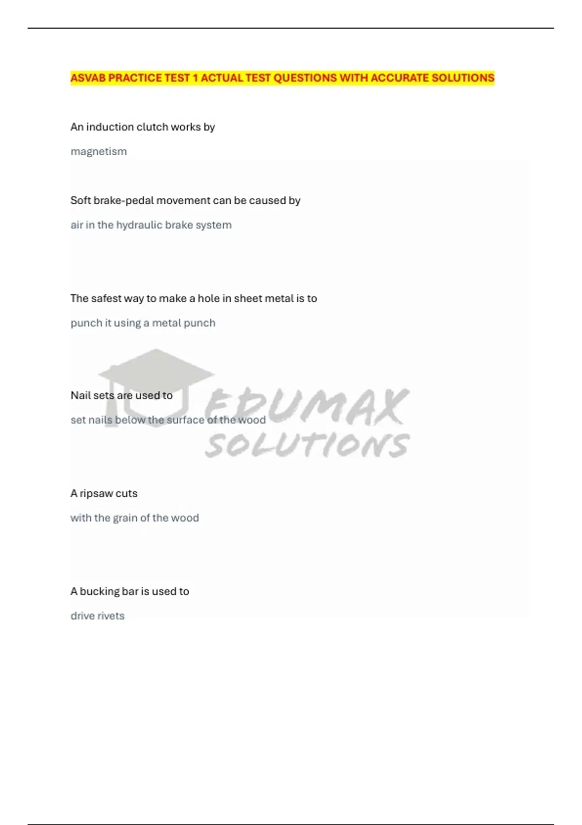 ASVAB PRACTICE TEST 1 ACTUAL TEST QUESTIONS WITH ACCURATE SOLUTIONS ...
