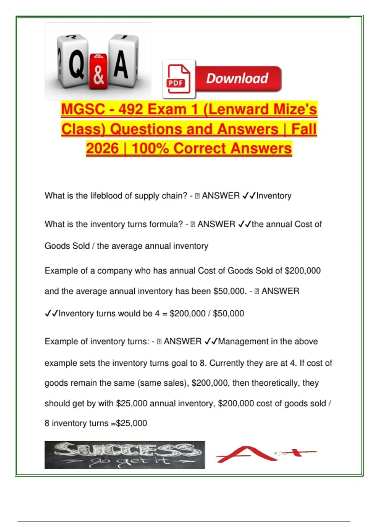 MGSC 492 – 100+ Exam 1 Questions with Answers | Inventory, Lean ...