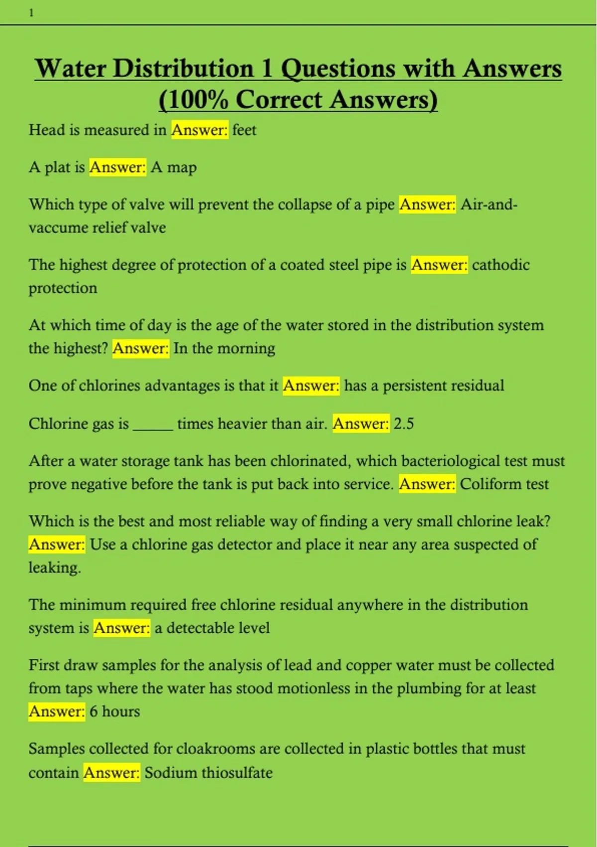 Water Distribution 1 Questions with Answers (100% Correct Answers ...