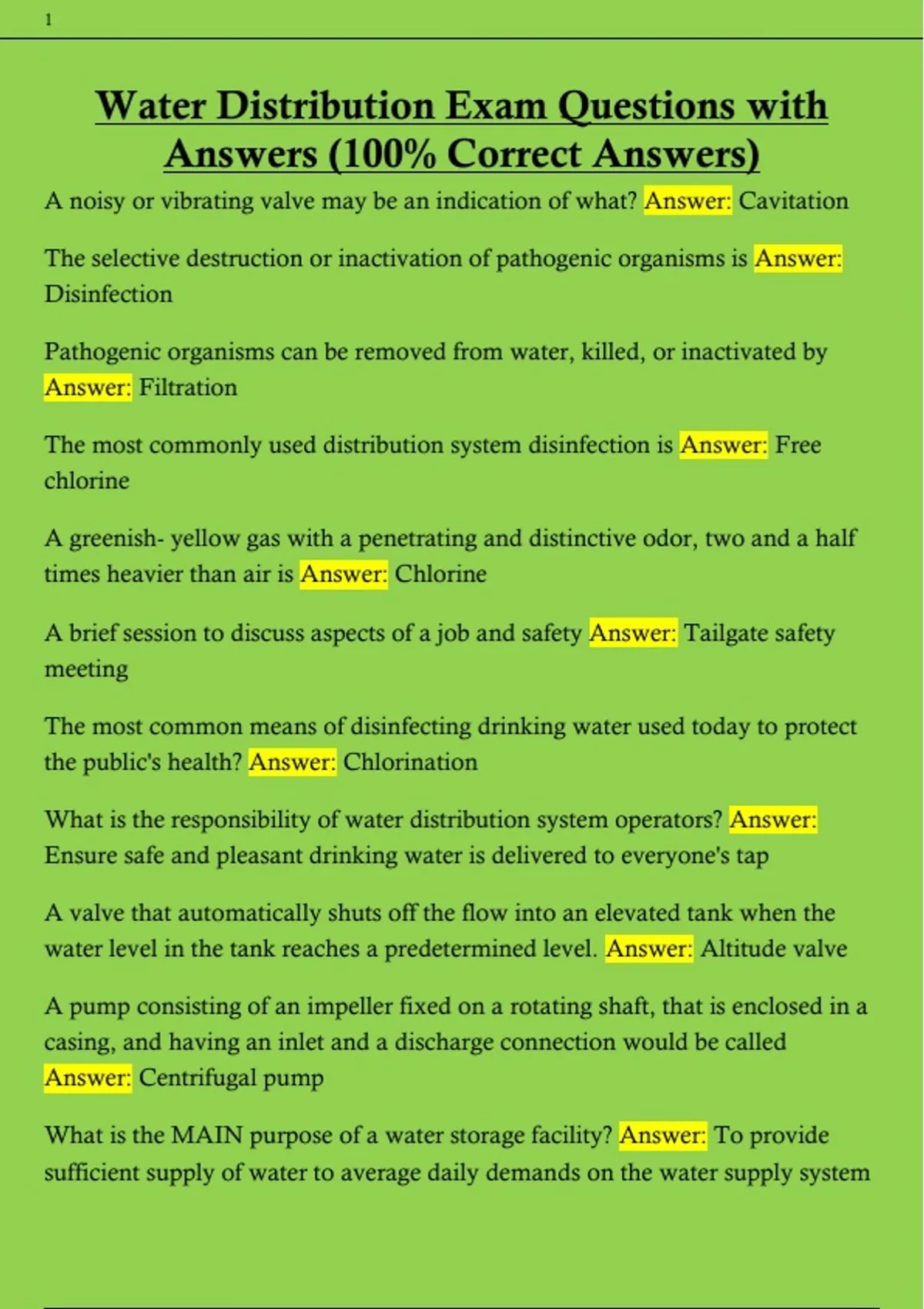Water Distribution Exam Questions with Answers (100% Correct Answers ...