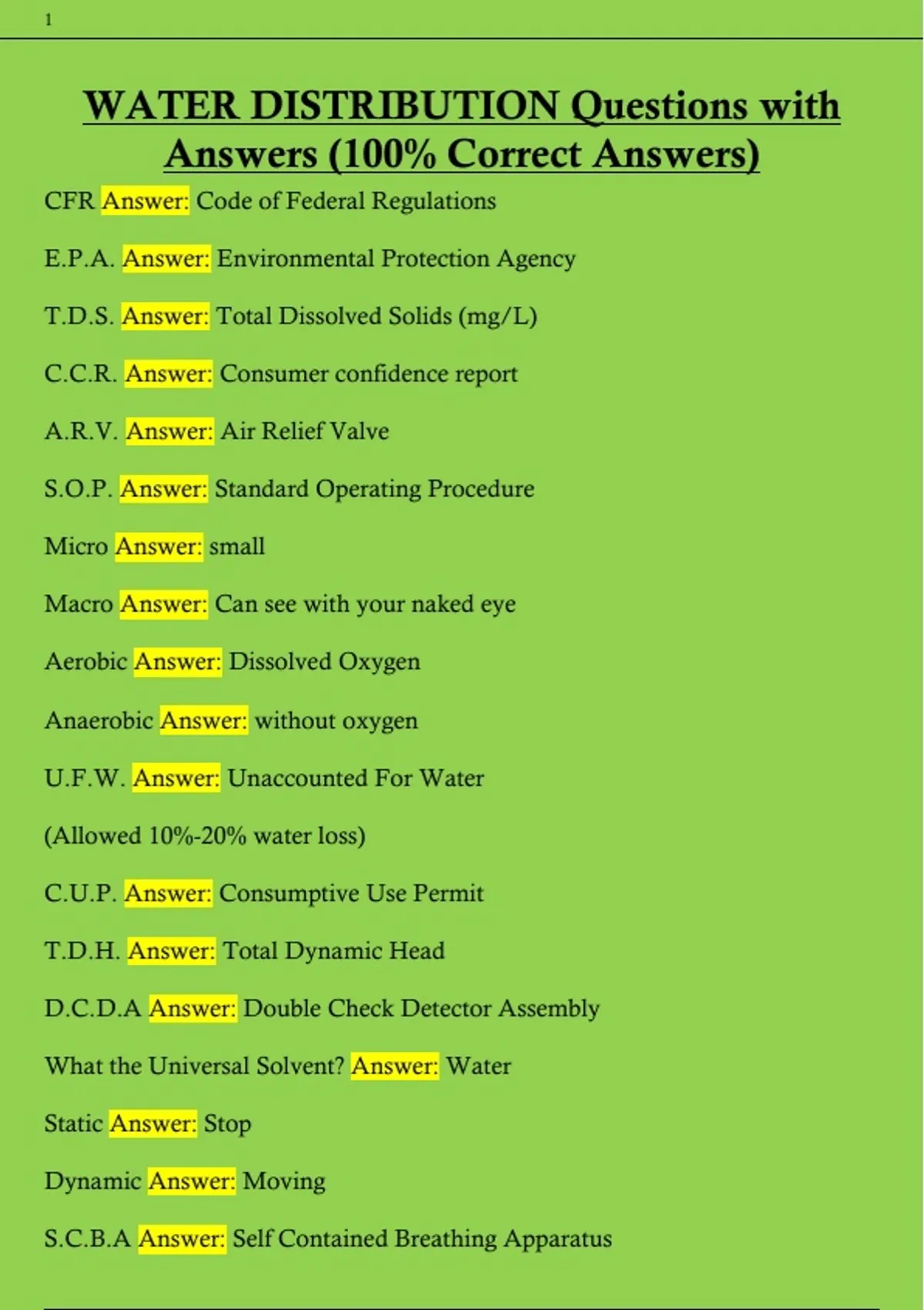 WATER DISTRIBUTION Questions with Answers (100% Correct Answers ...