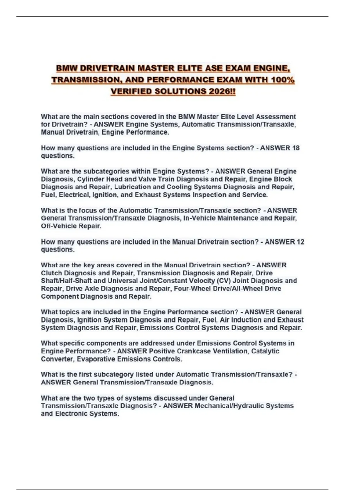 BMW DRIVETRAIN MASTER ELITE ASE EXAM ENGINE, TRANSMISSION, AND ...