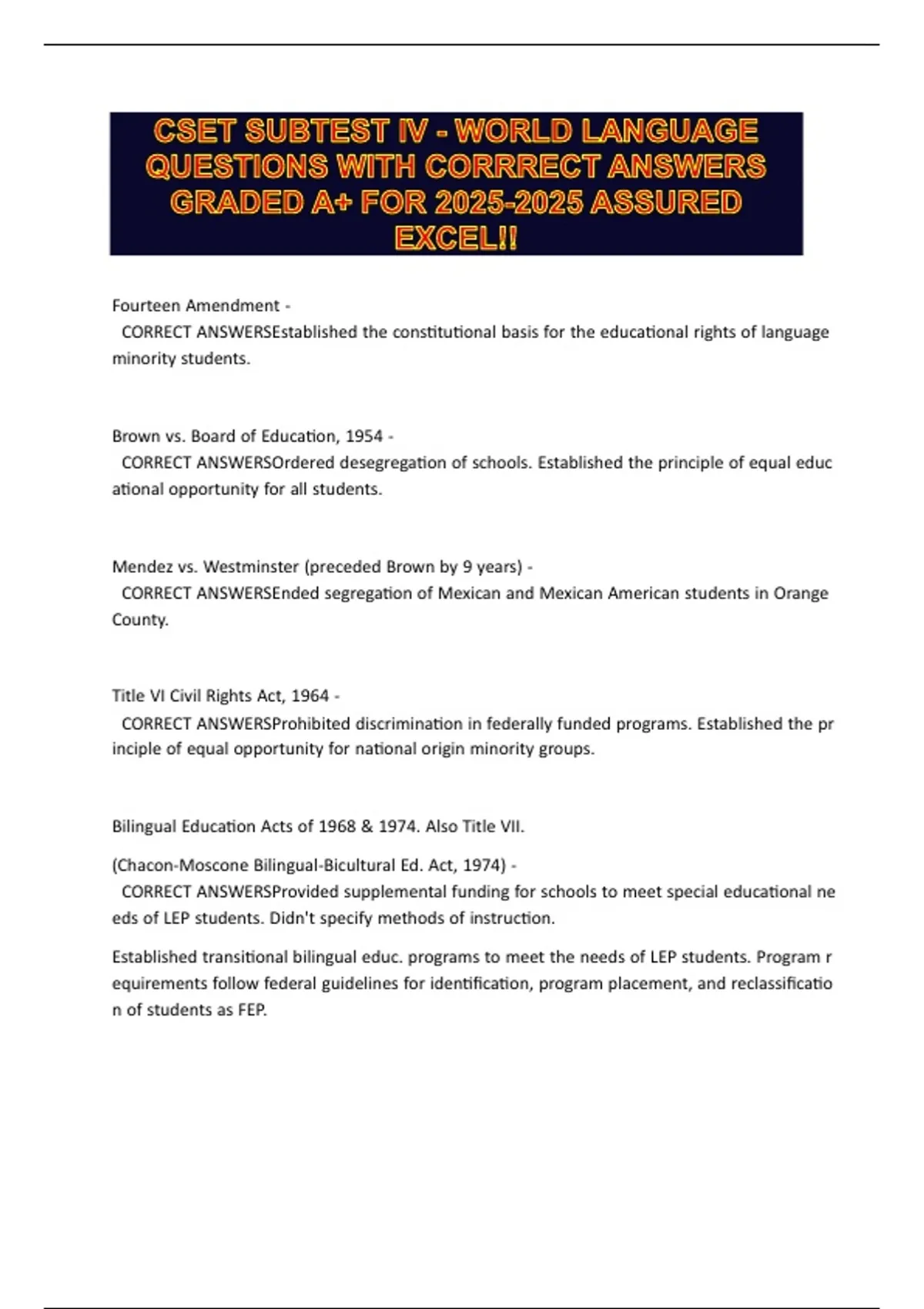 cset exam questions with correct answers rated a+ for - Stuvia US