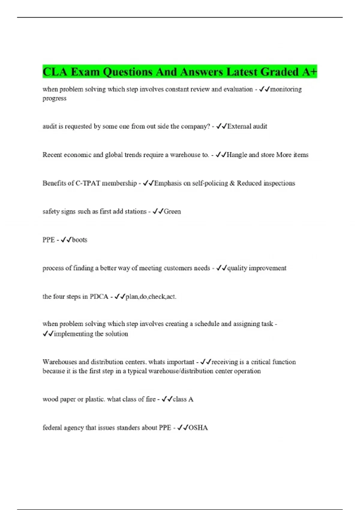 CLA Exam Questions And Answers Latest Graded A+ when problem solving ...