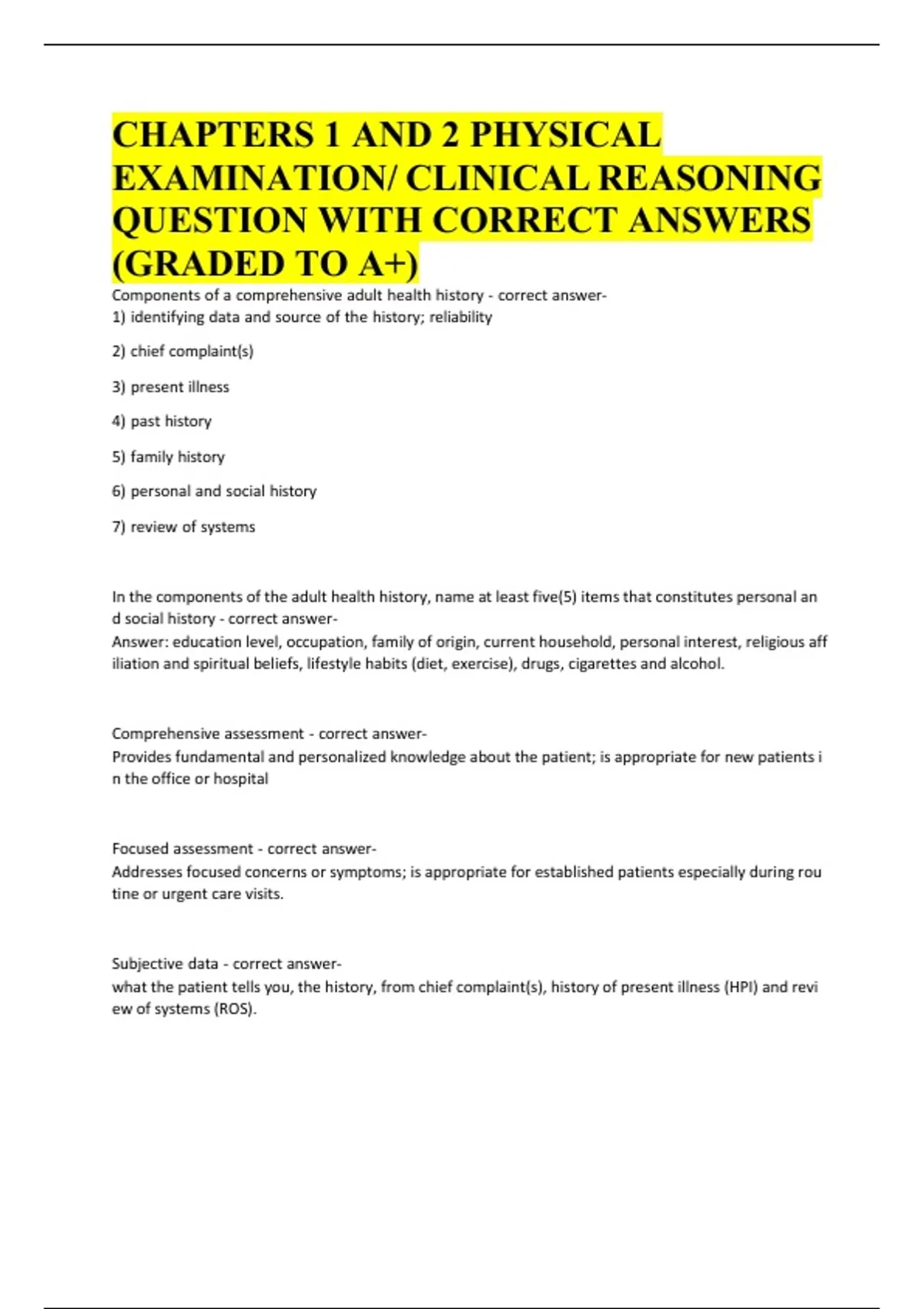 CHAPTERS 1 AND 2 PHYSICAL EXAMINATION CLINICAL REASONING QUESTION WITH ...