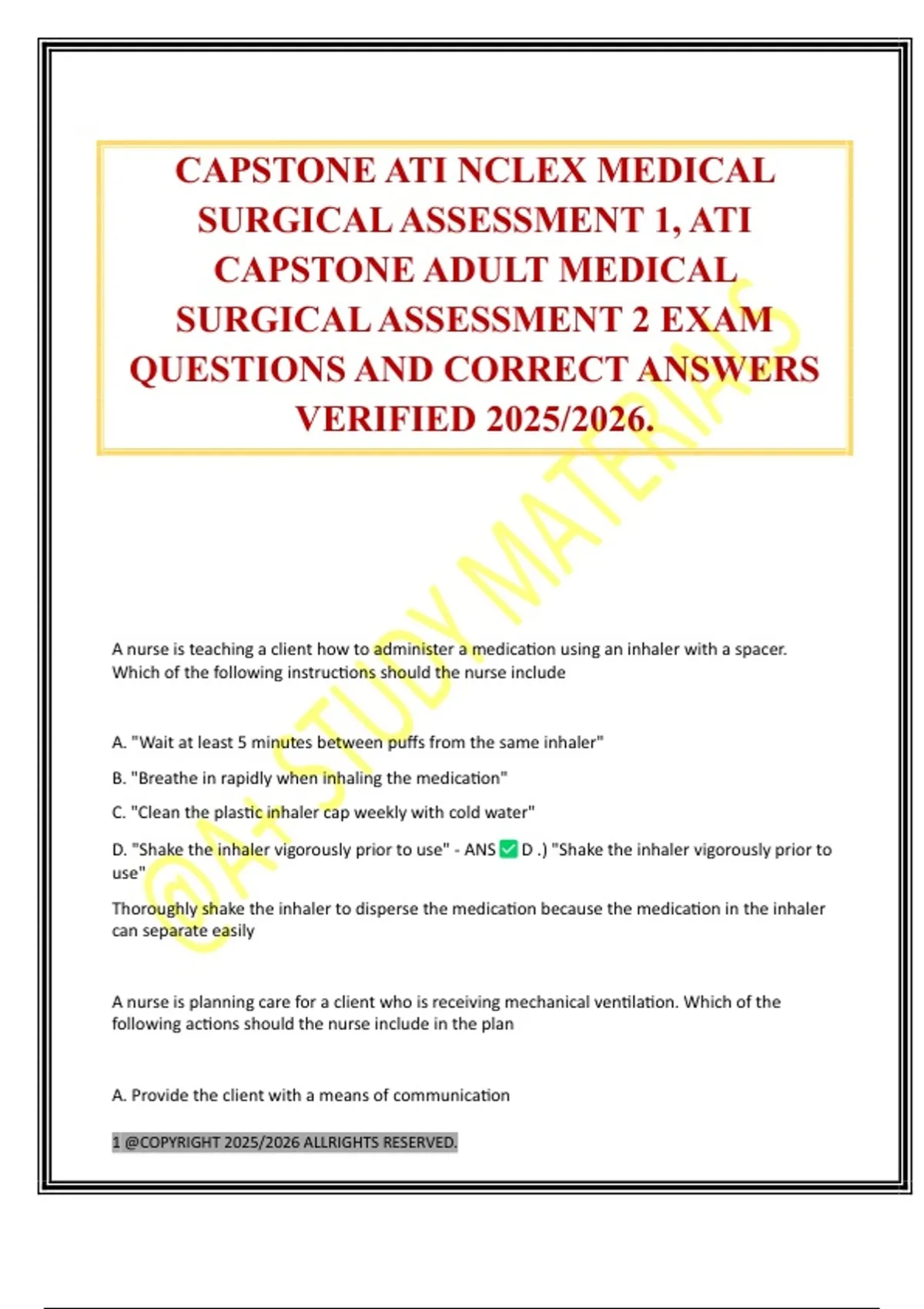 CAPSTONE ATI NCLEX MEDICAL SURGICAL ASSESSMENT 1, ATI CAPSTONE ADULT ...