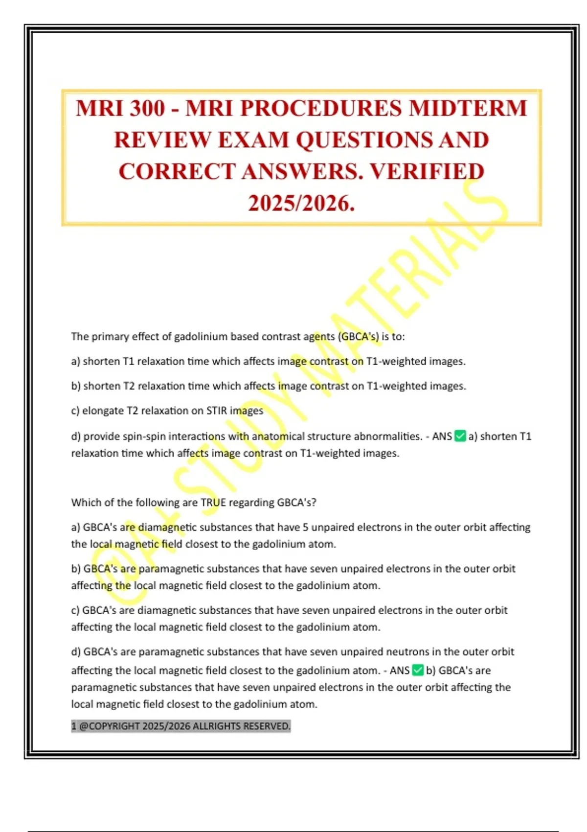 MRI 300 - MRI PROCEDURES MIDTERM REVIEW EXAM QUESTIONS AND CORRECT ...
