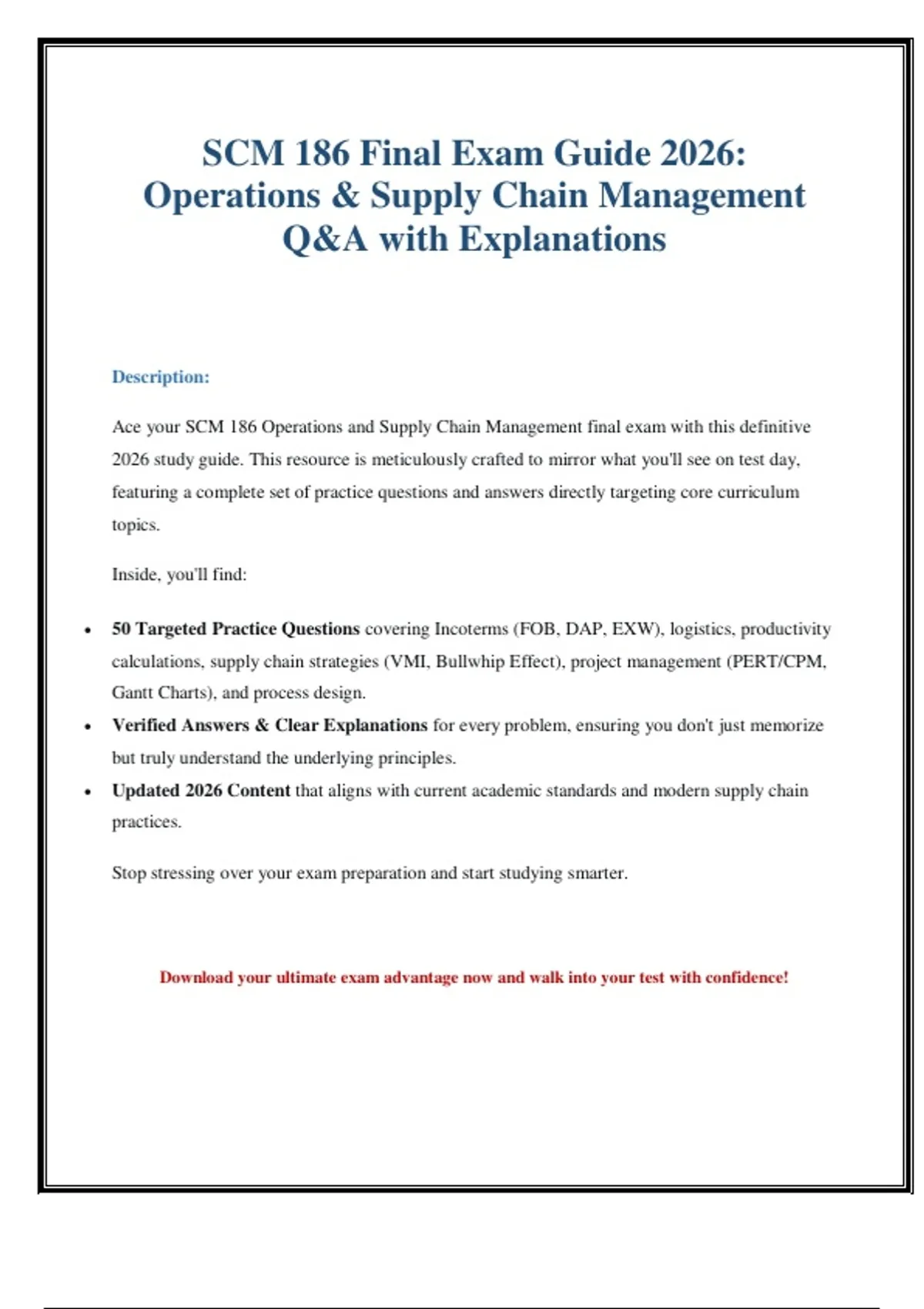SCM 186 Exam Guide 2026: Operations & Supply Chain Management Test Bank ...