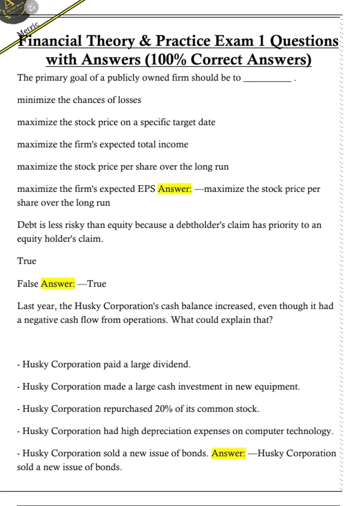 Financial Theory & Practice Exam 1 Questions with Answers (100% Correct ...