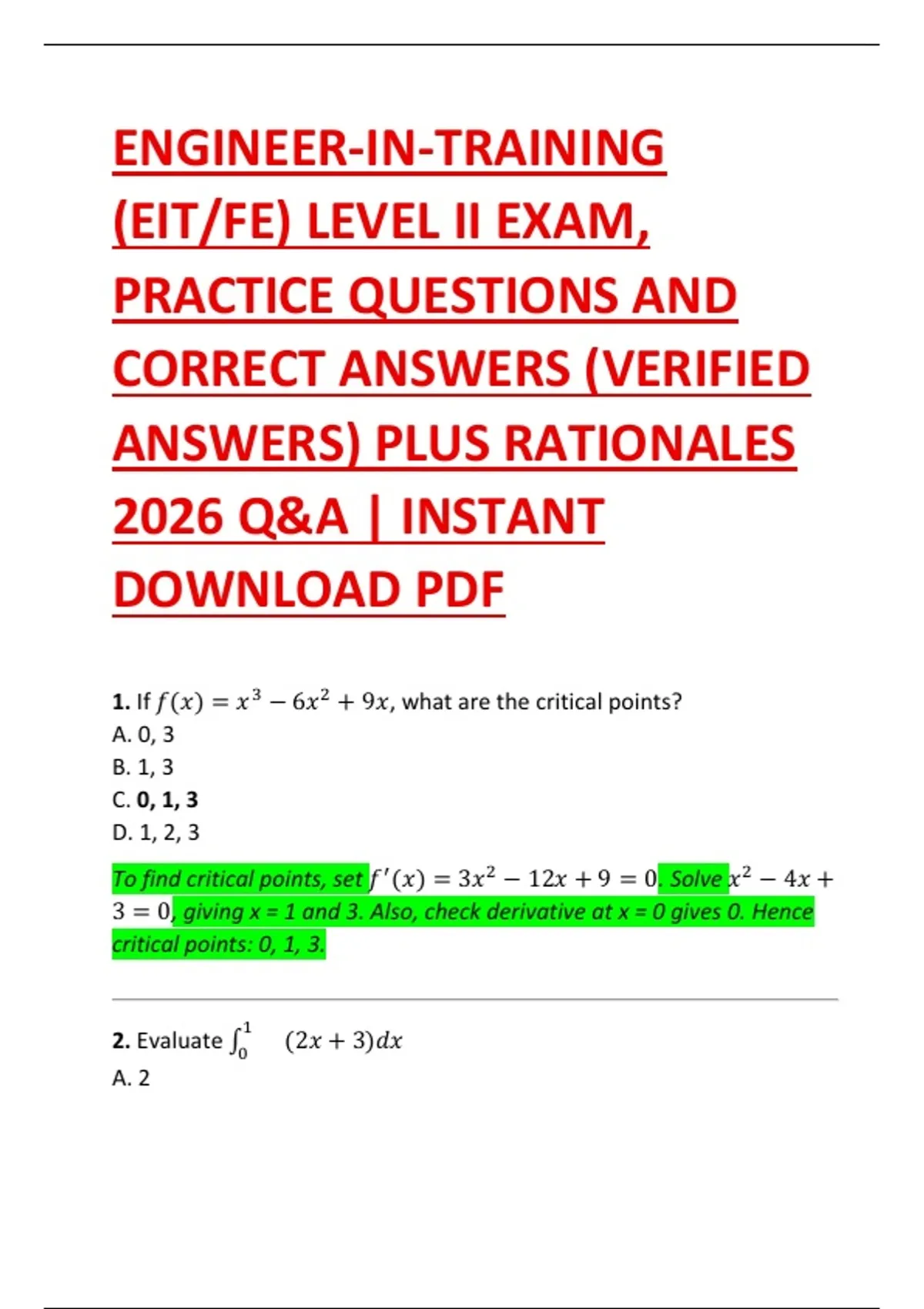 ENGINEER-IN-TRAINING (EIT/FE) LEVEL II EXAM, PRACTICE QUESTIONS AND ...