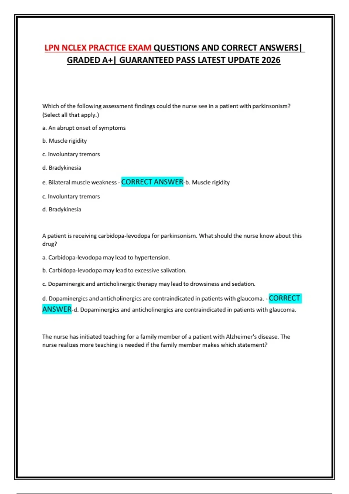 LPN NCLEX PRACTICE EXAM QUESTIONS AND CORRECT ANSWERS| GRADED A+ ...