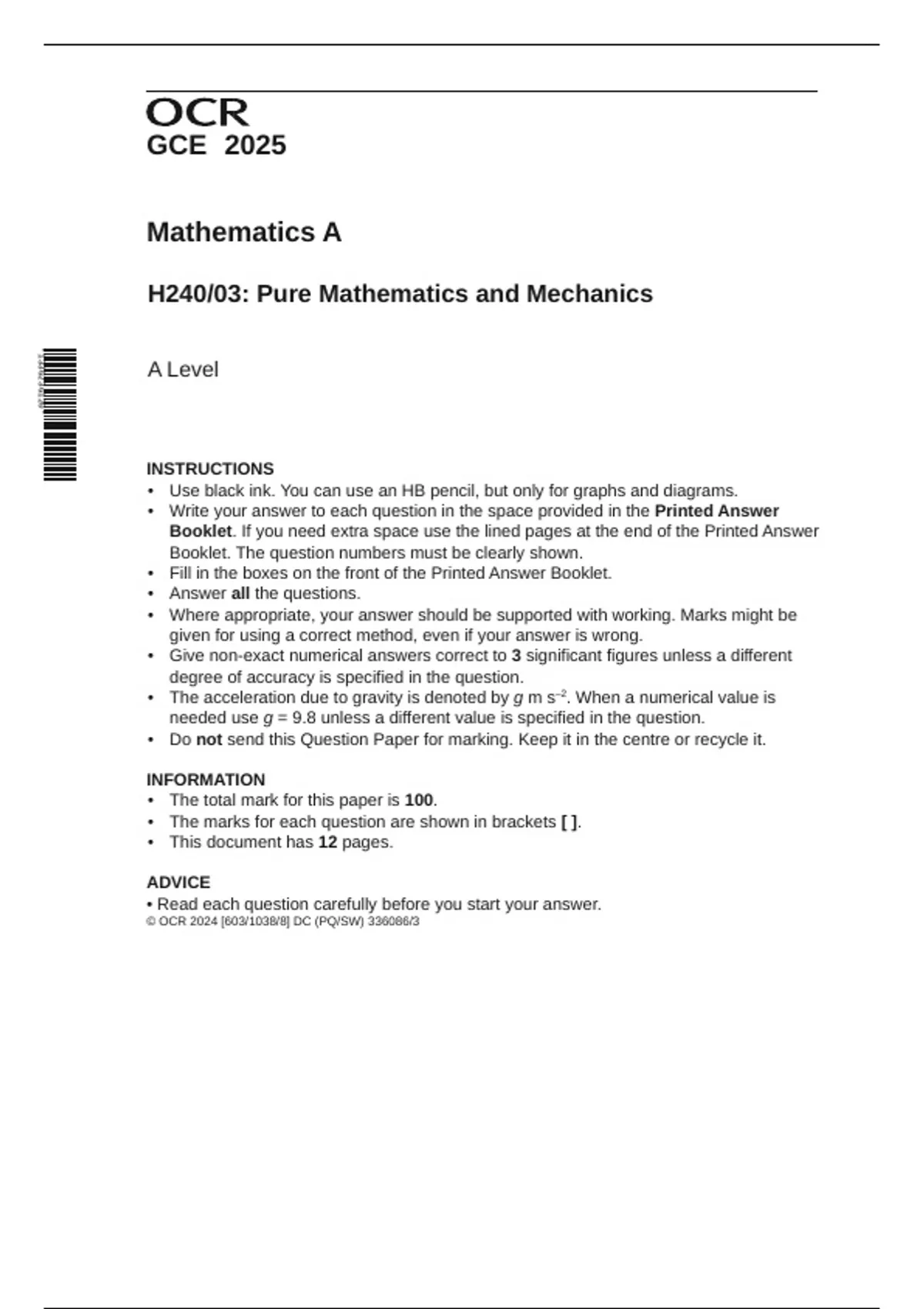 OCR A Level Mathematics – Pure Mathematics & Mechanics Merged Question ...