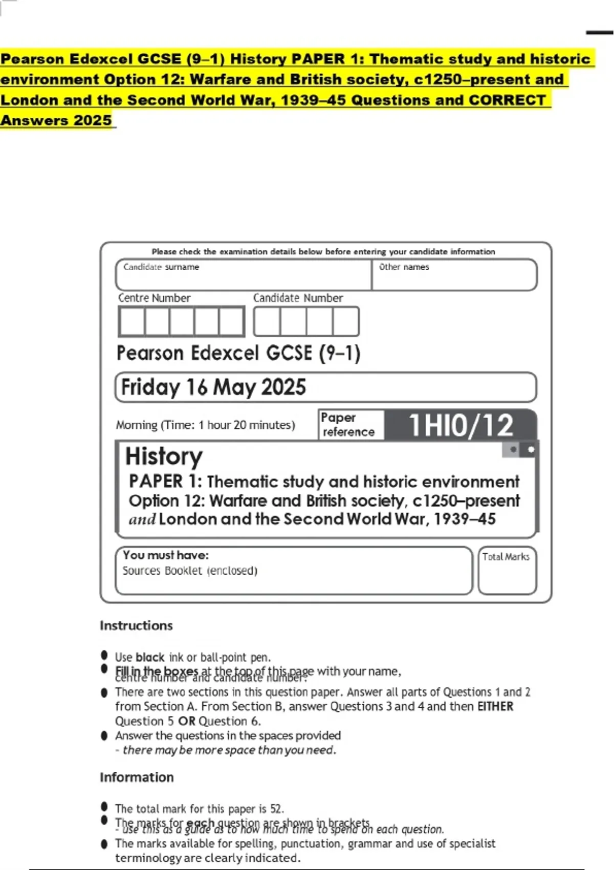 Pearson Edexcel GCSE (9–1) History PAPER 1: Thematic study and historic ...
