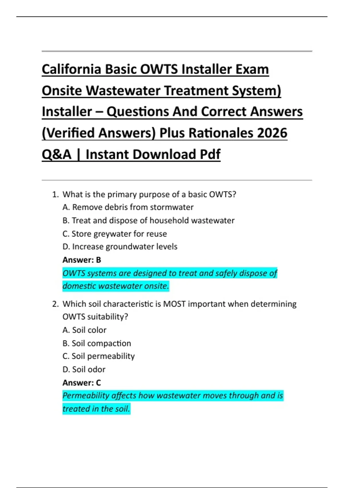 California Basic OWTS Installer Exam Onsite Wastewater Treatment System ...