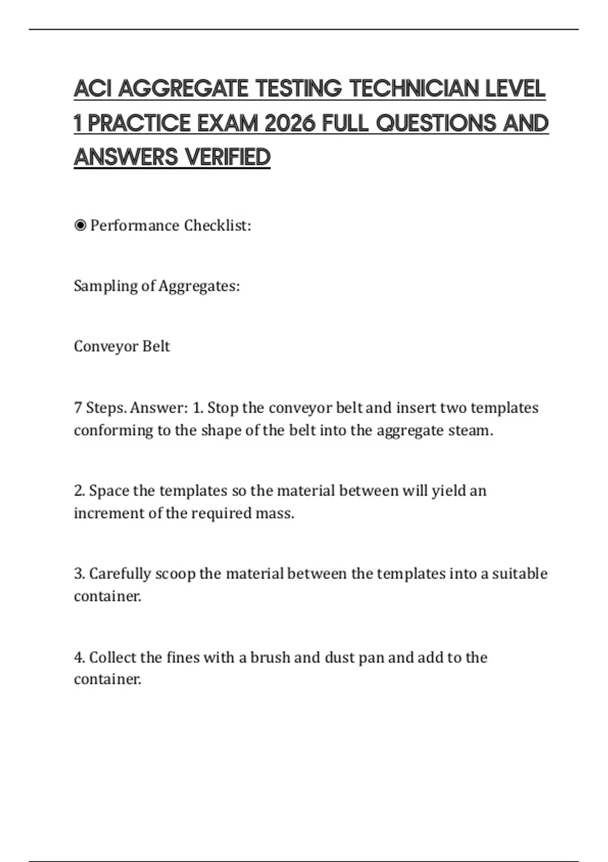ACI AGGREGATE TESTING TECHNICIAN LEVEL 1 PRACTICE EXAM 2026 FULL ...