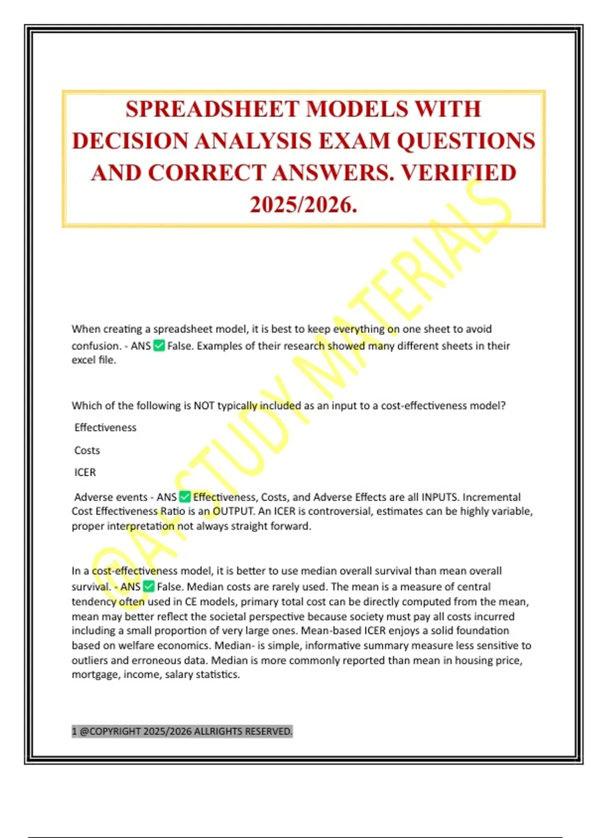 SPREADSHEET MODELS WITH DECISION ANALYSIS EXAM QUESTIONS AND CORRECT ...