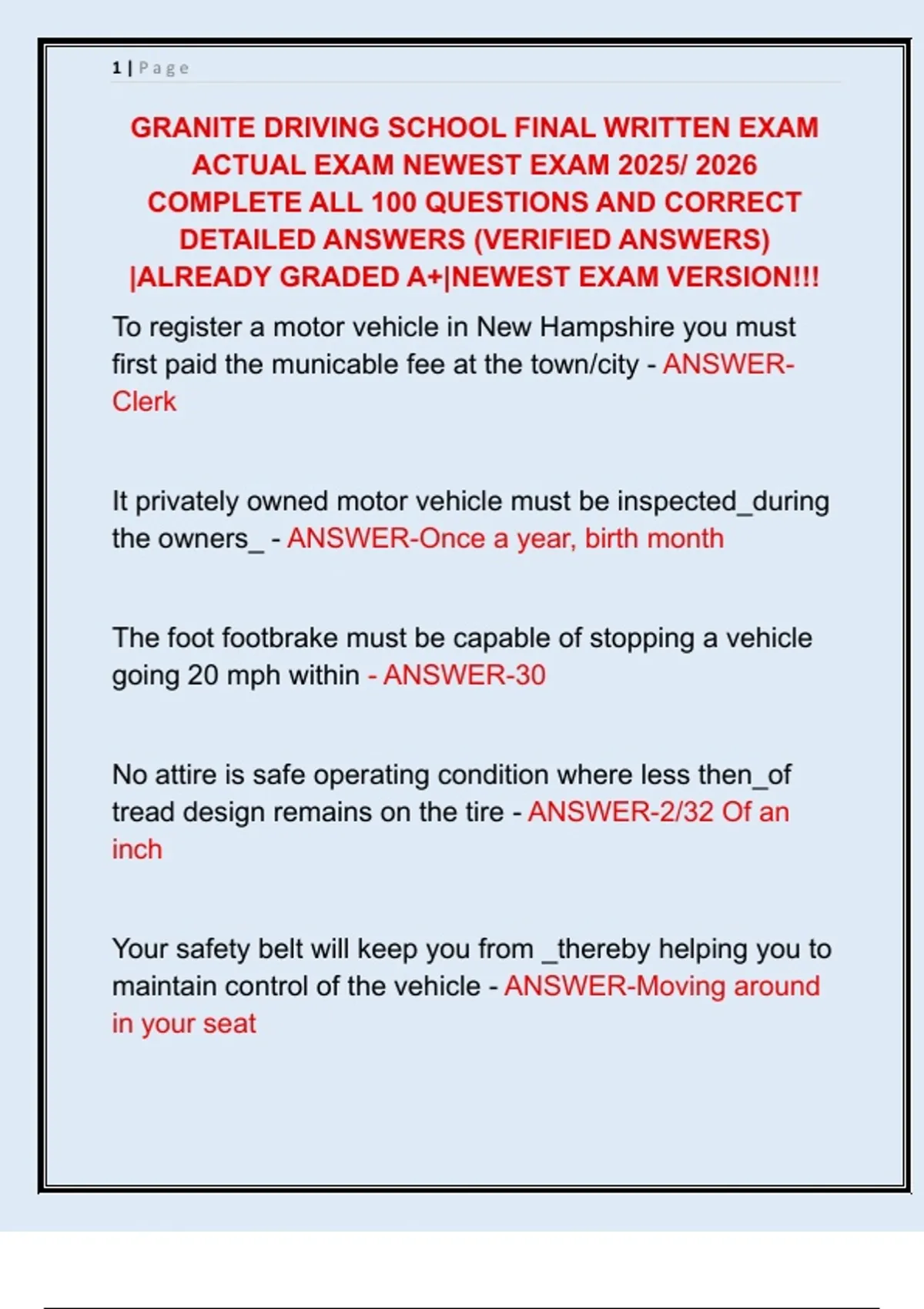 GRANITE DRIVING SCHOOL FINAL WRITTEN EXAM ACTUAL EXAM NEWEST EXAM 2025/ ...