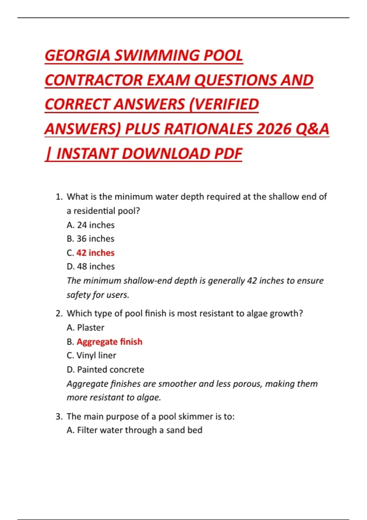 GEORGIA SWIMMING POOL CONTRACTOR EXAM QUESTIONS AND CORRECT ANSWERS ...