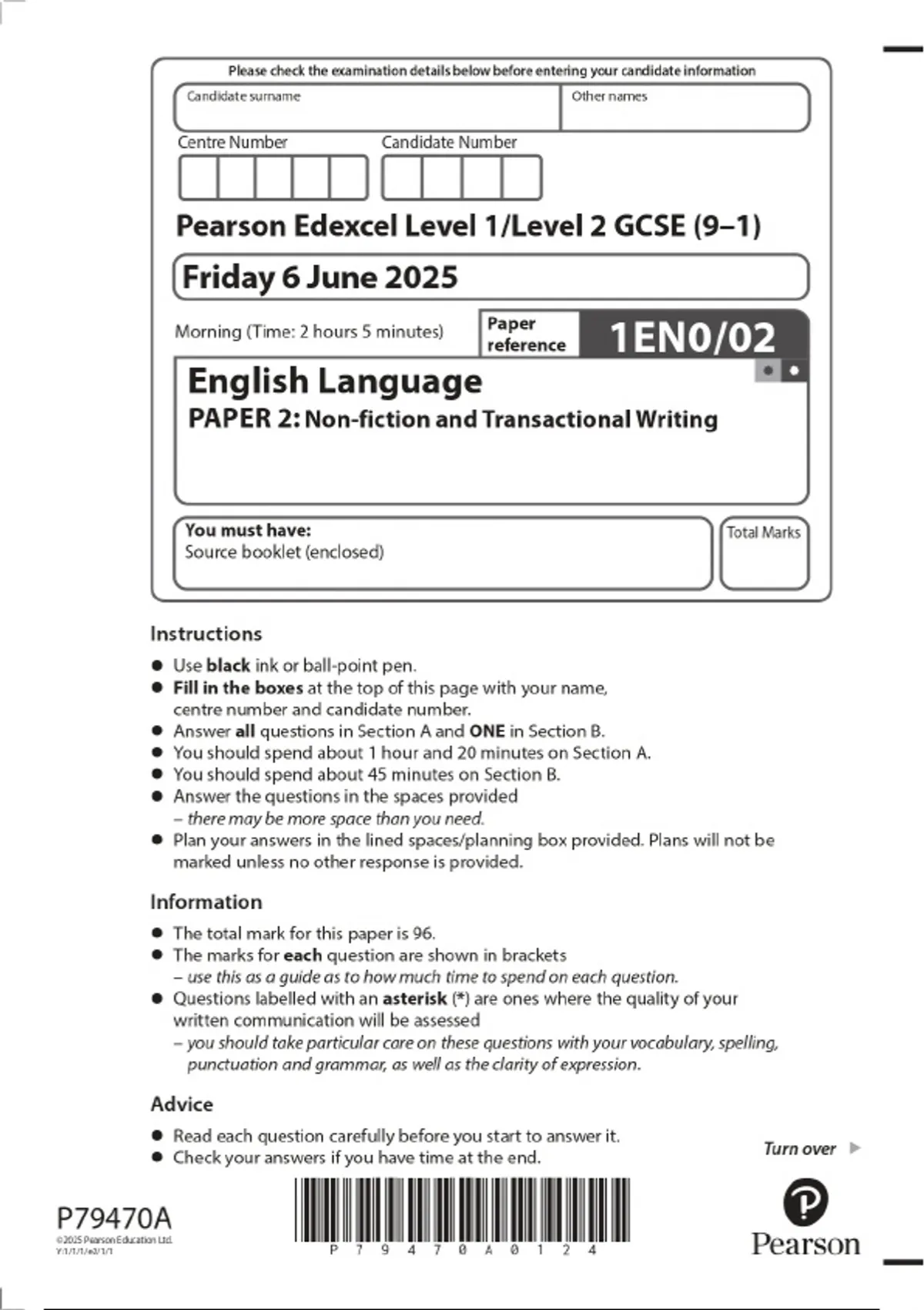 2025 Pearson Edexcel Level 1/Level 2 GCSE (9–1) English Language PAPER ...