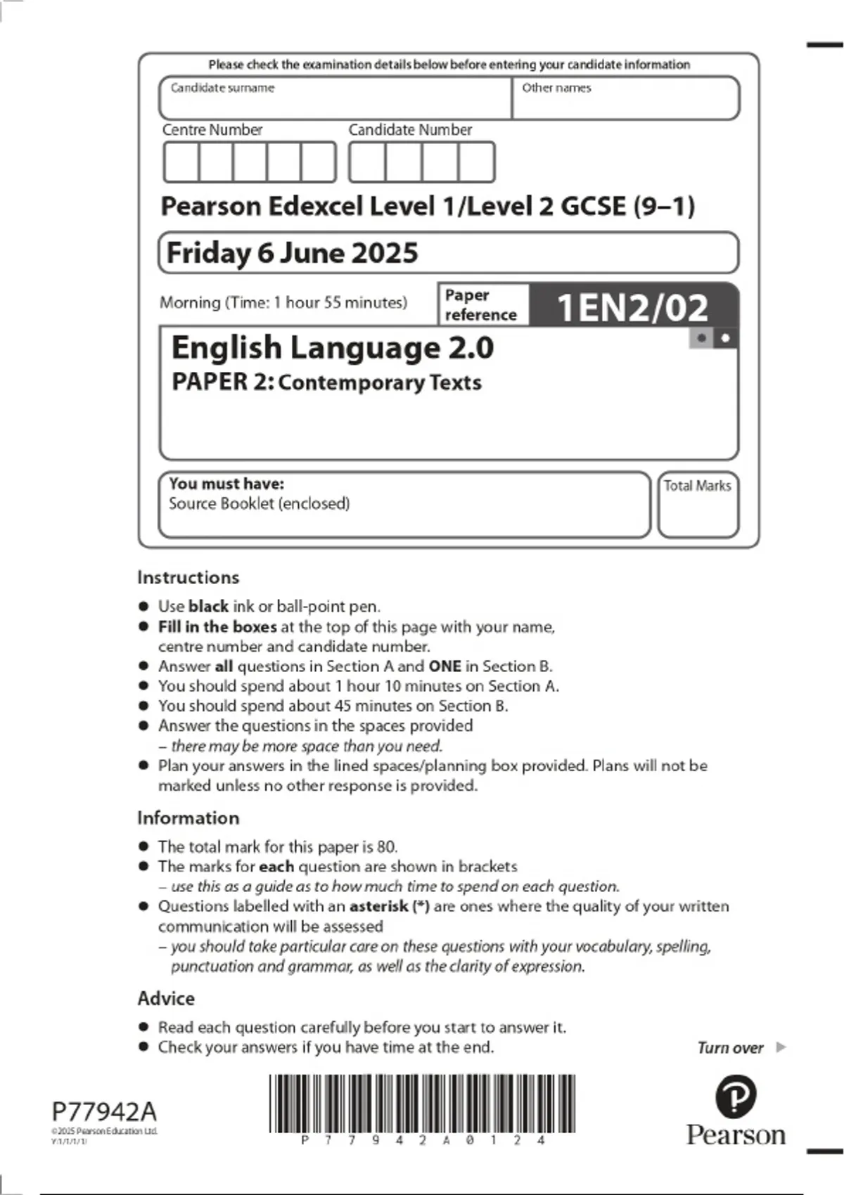 2025 Pearson Edexcel Level 1/Level 2 GCSE (9–1) English Language PAPER ...