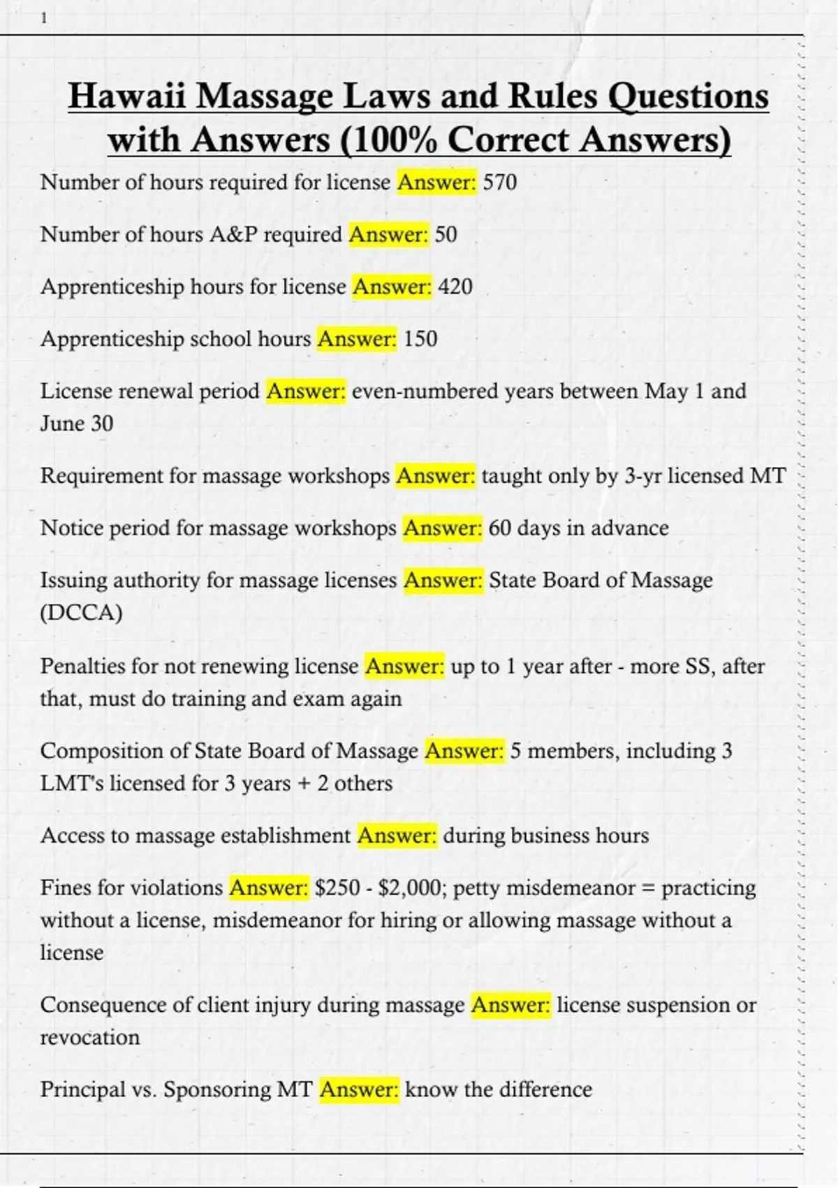 Hawaii Massage Laws and Rules Questions with Answers (100% Correct ...